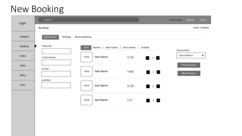 Restaurant Management Wireframes