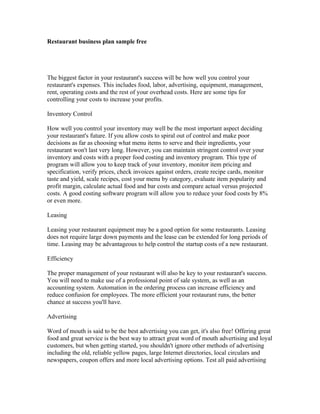 Restaurant Business Plan Sample