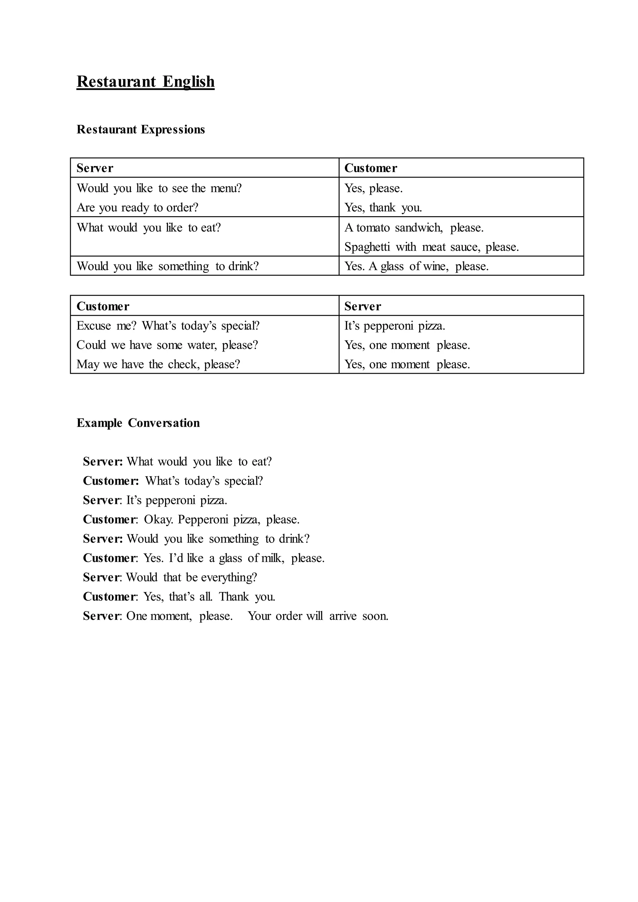 Restaurant english | DOC