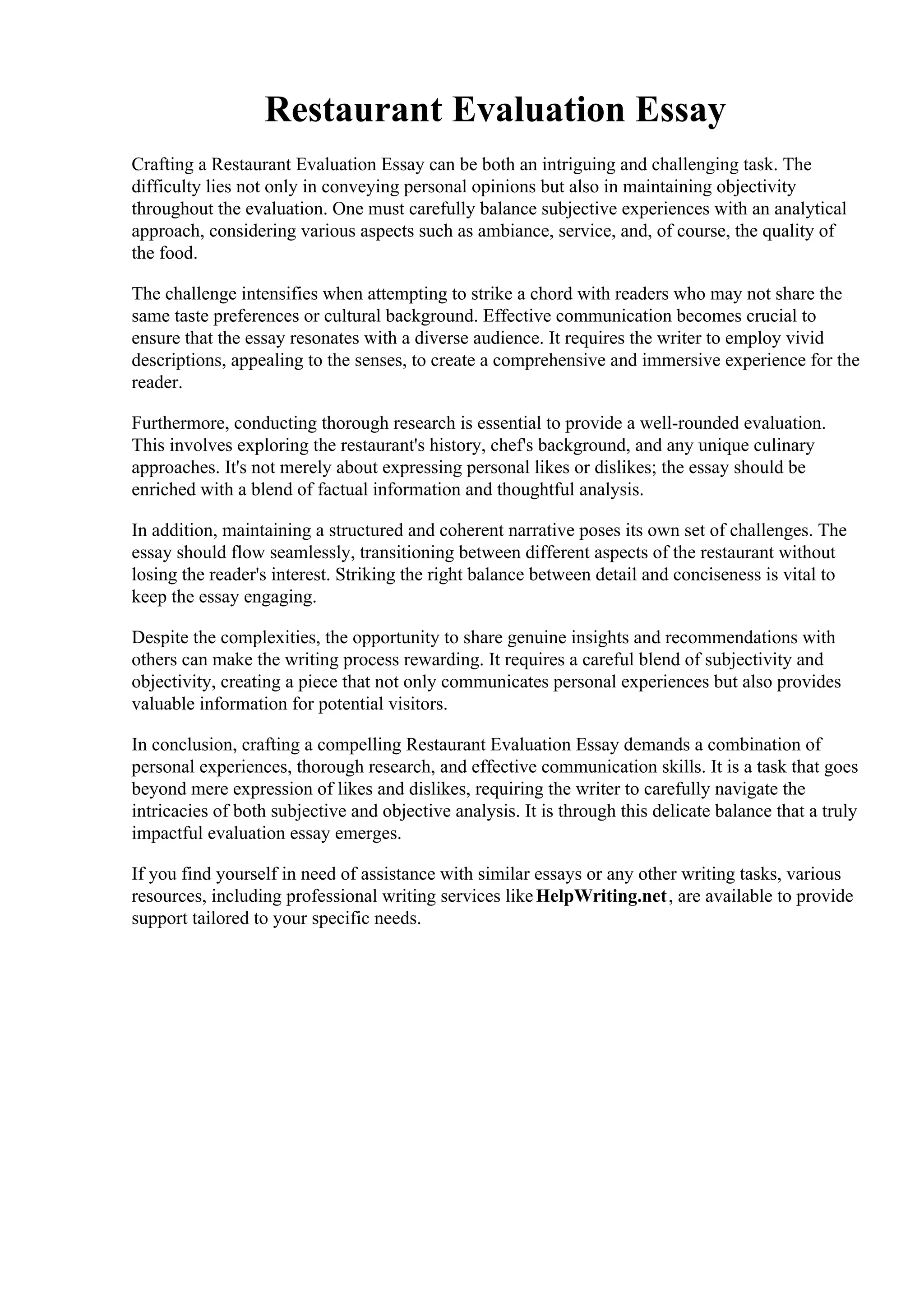 Restaurant Evaluation Essay. 003 Restaurant Review Essay Thatsnotus | PDF