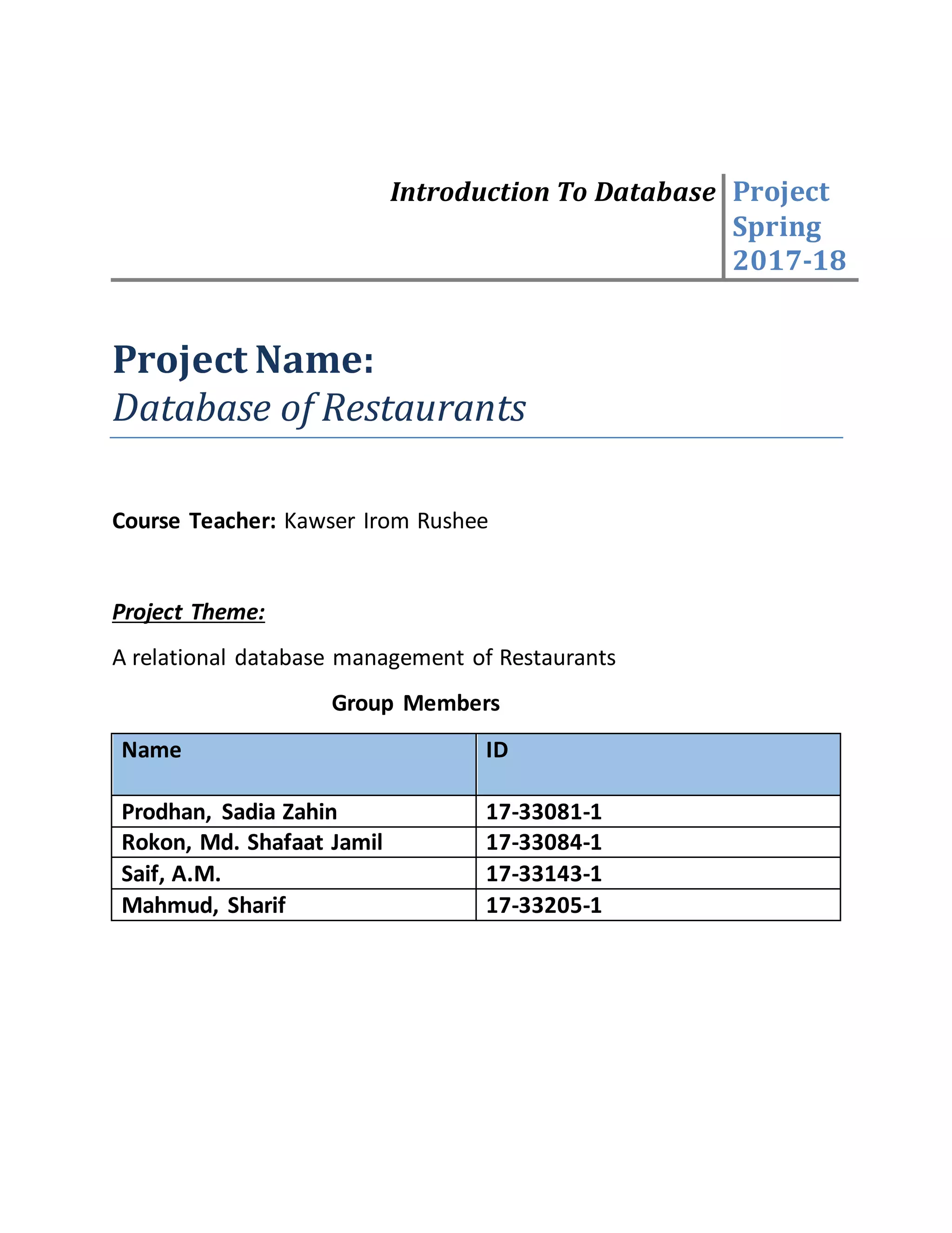 Restaurant Management System Database Project Oracle Pdf