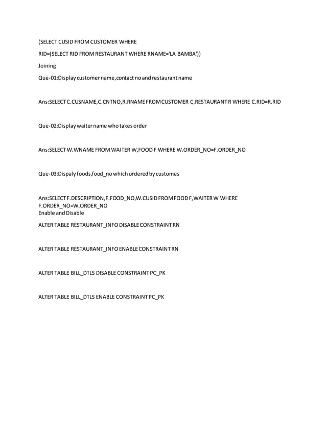 Restaurant Management System Database Project (Oracle) | DOCX ...