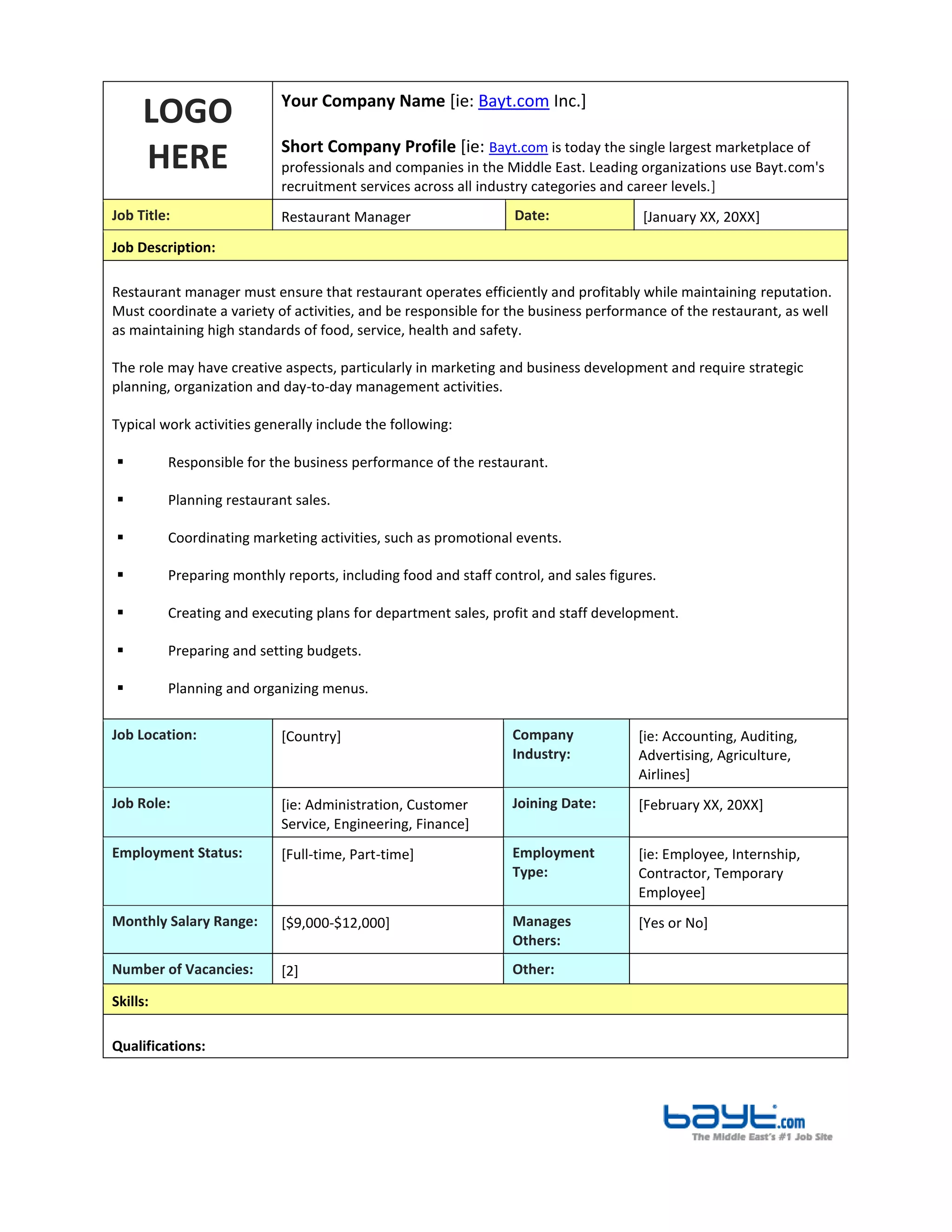 Restaurant Manager Job Description Template by Bayt.com