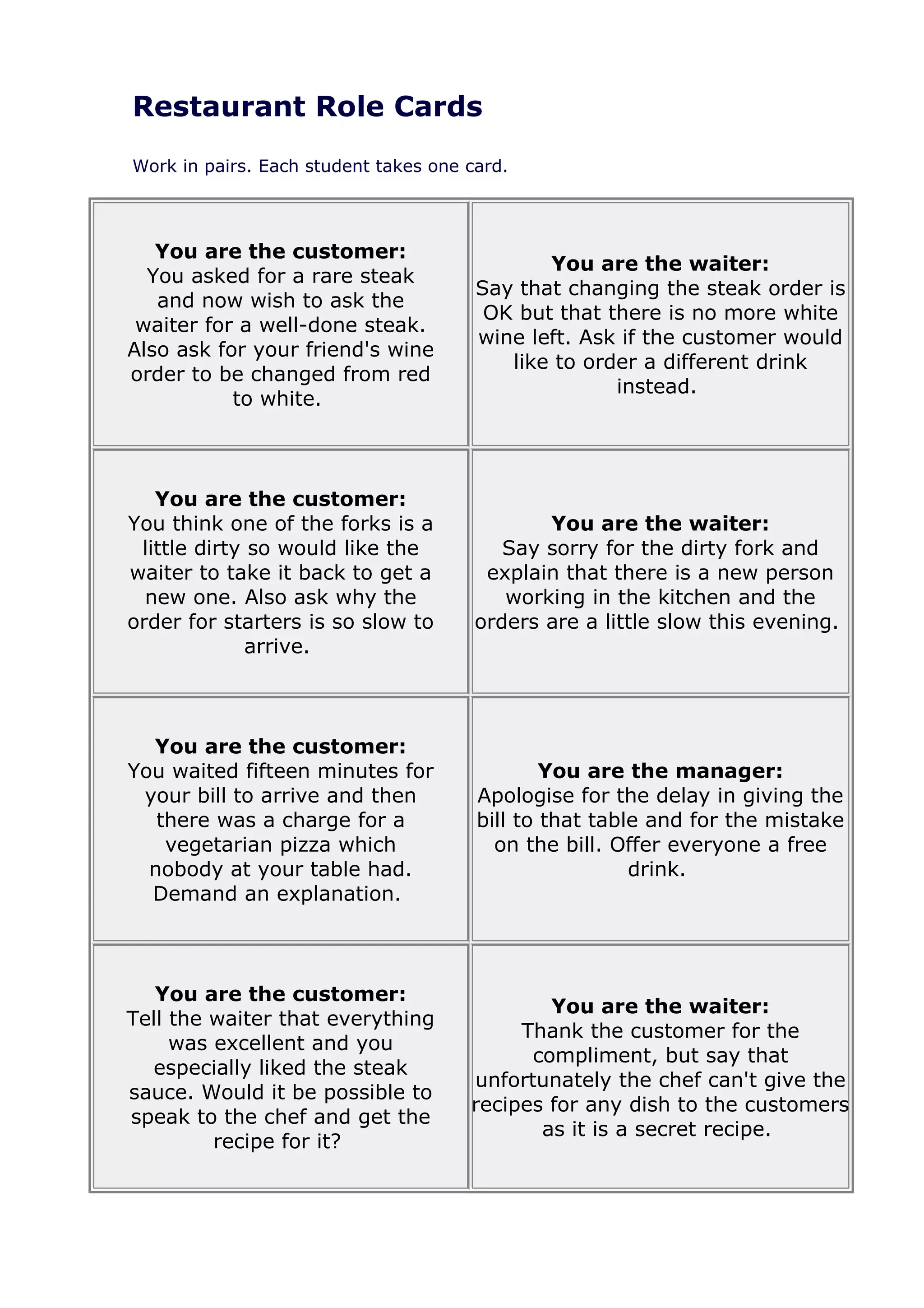 Restaurant role cards | DOC