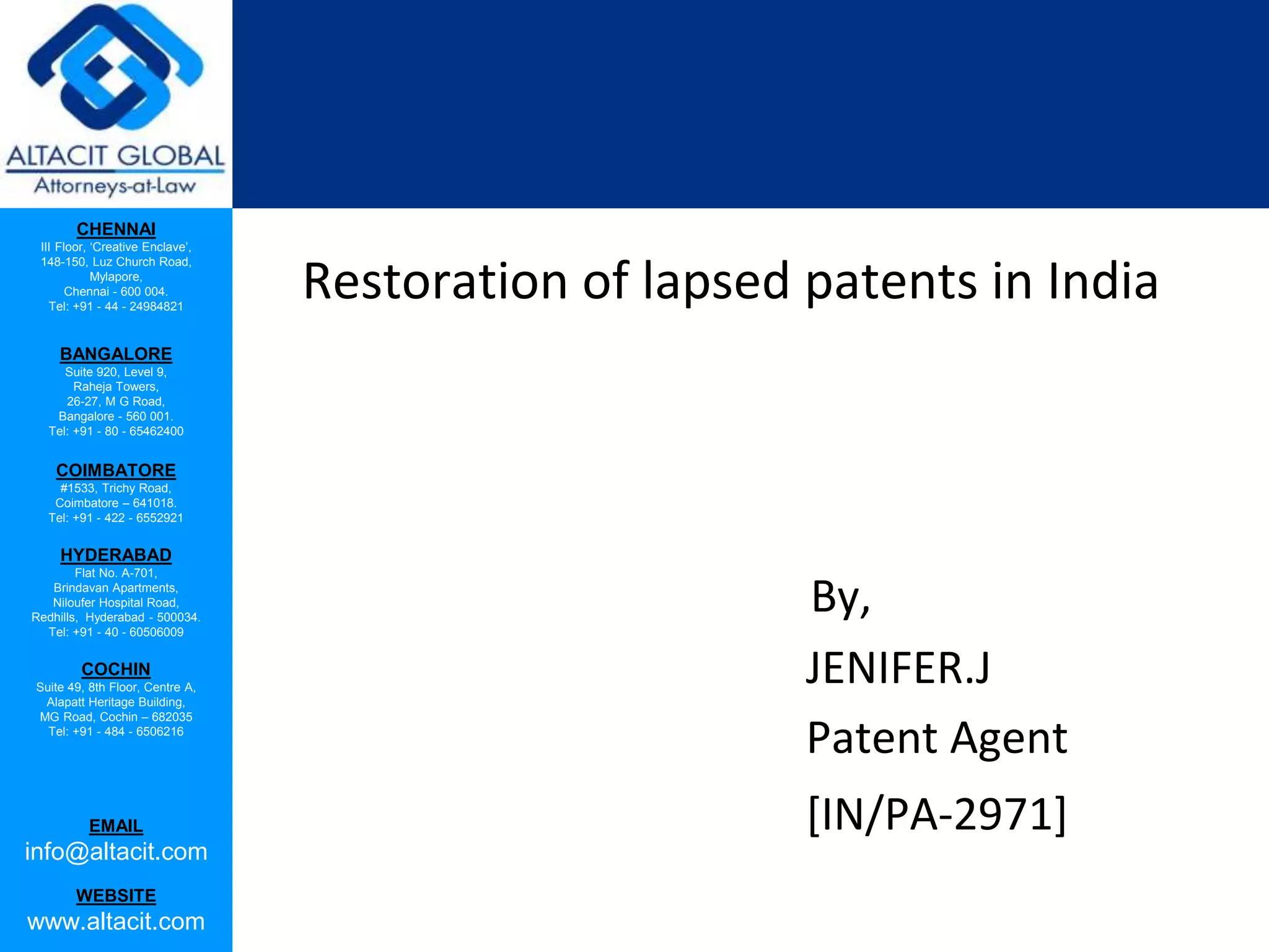 Restoration of lapsed patents in India | PPTX