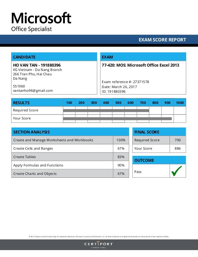 Microsoft Office Specialist Score report - Excel 2013 Module