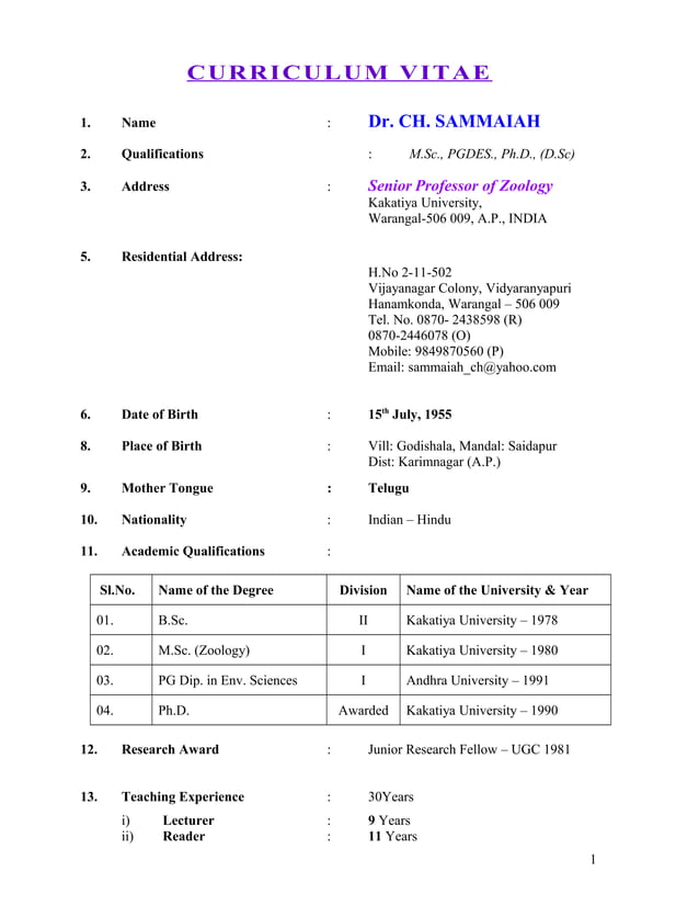 Prof.Ch.Sammaiah Biodata/CV. | DOC | College Education | Education