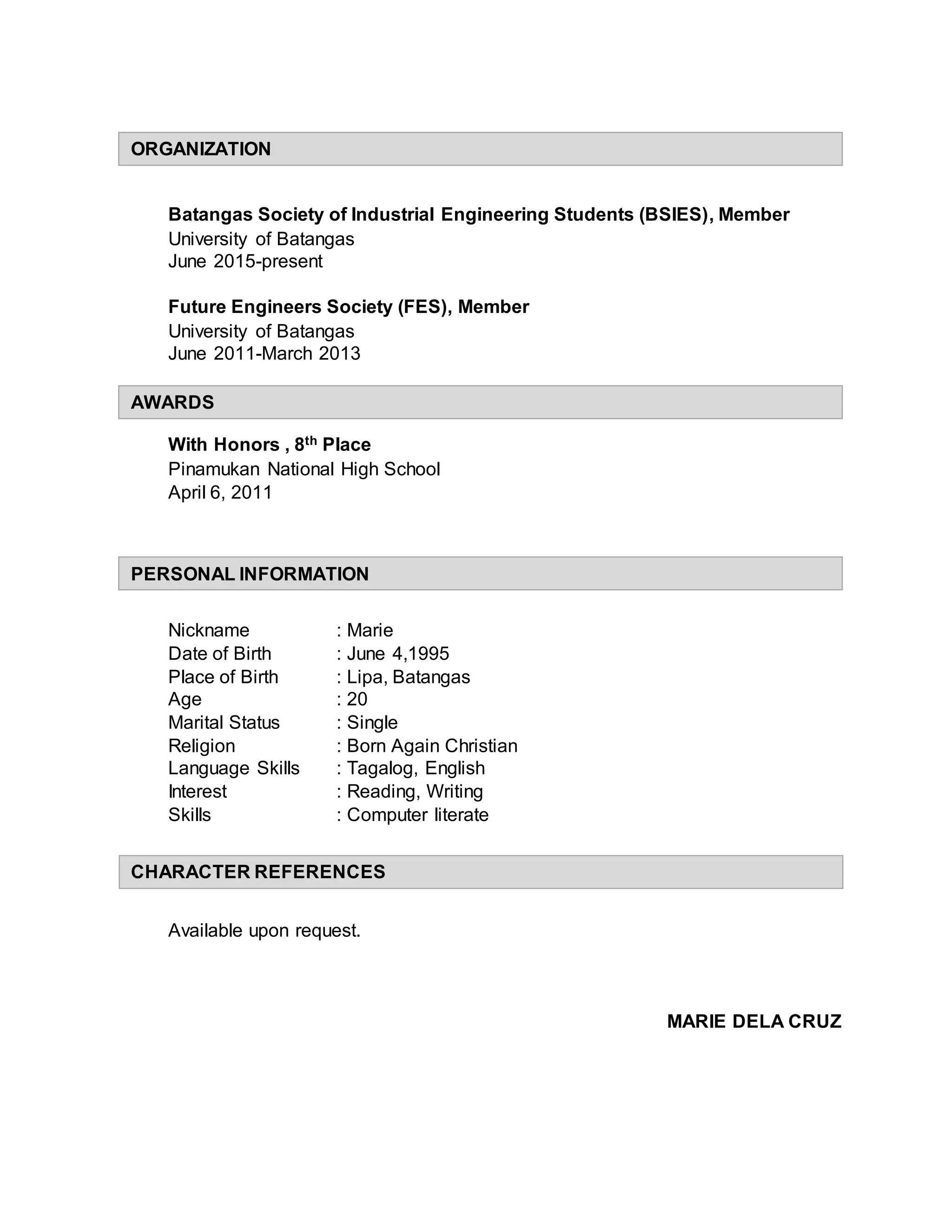 Sample Resume for Industrial Enginering | DOCX
