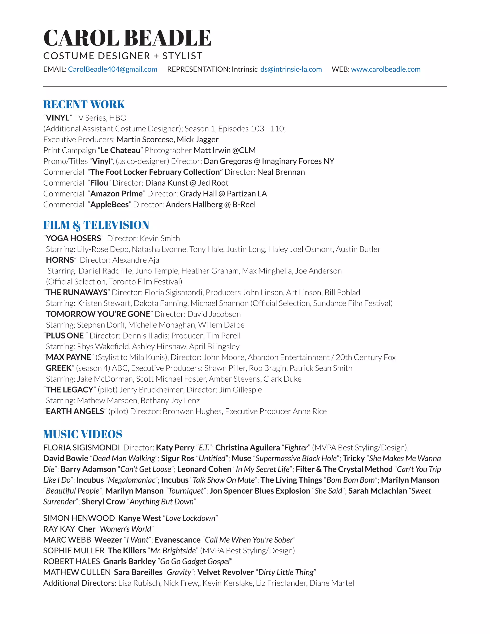 Resume 2016 / CAROL BEADLE Stylist, Fashion Designer, Costume Designer ...