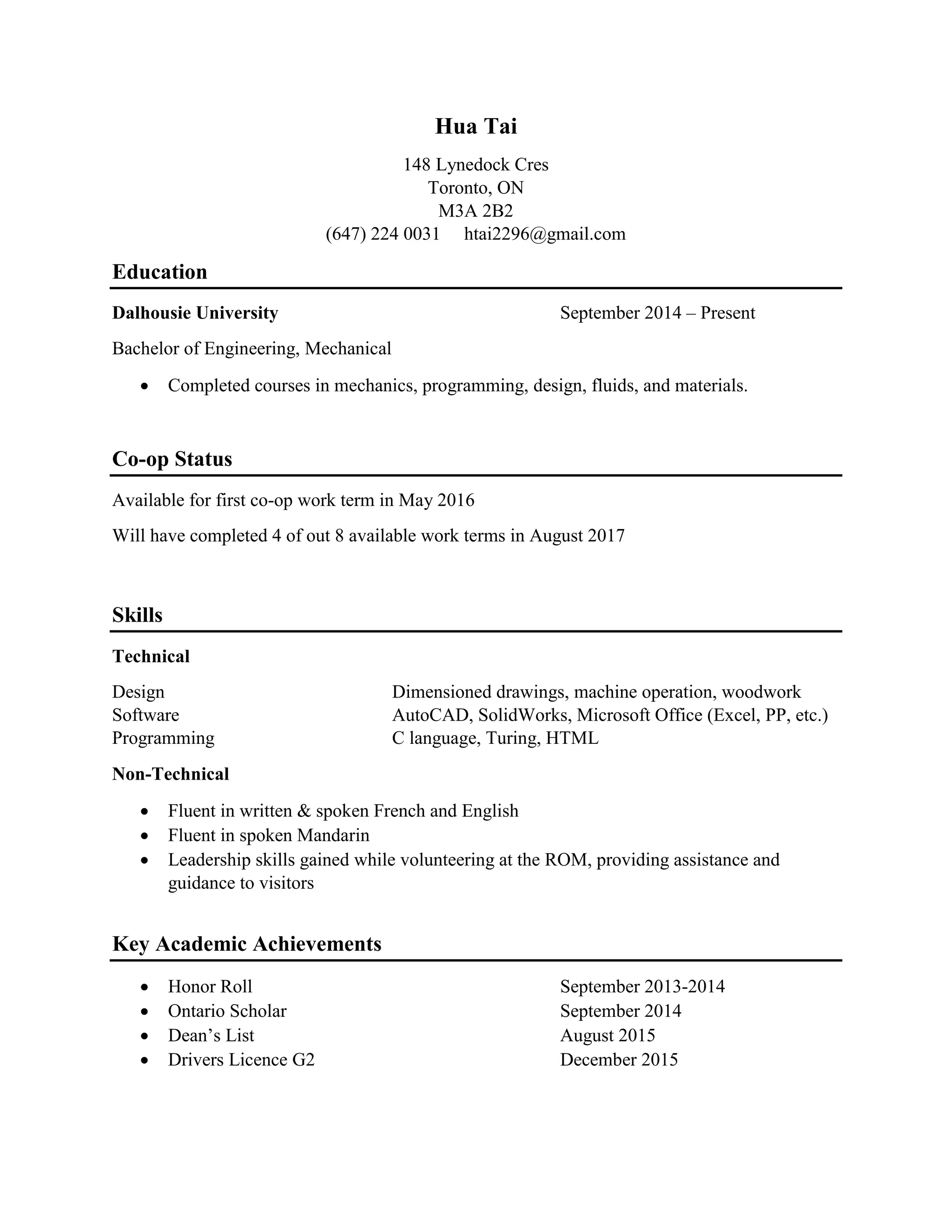 Hua's Resume (Mechanical Engineering Dalhousie) | PDF