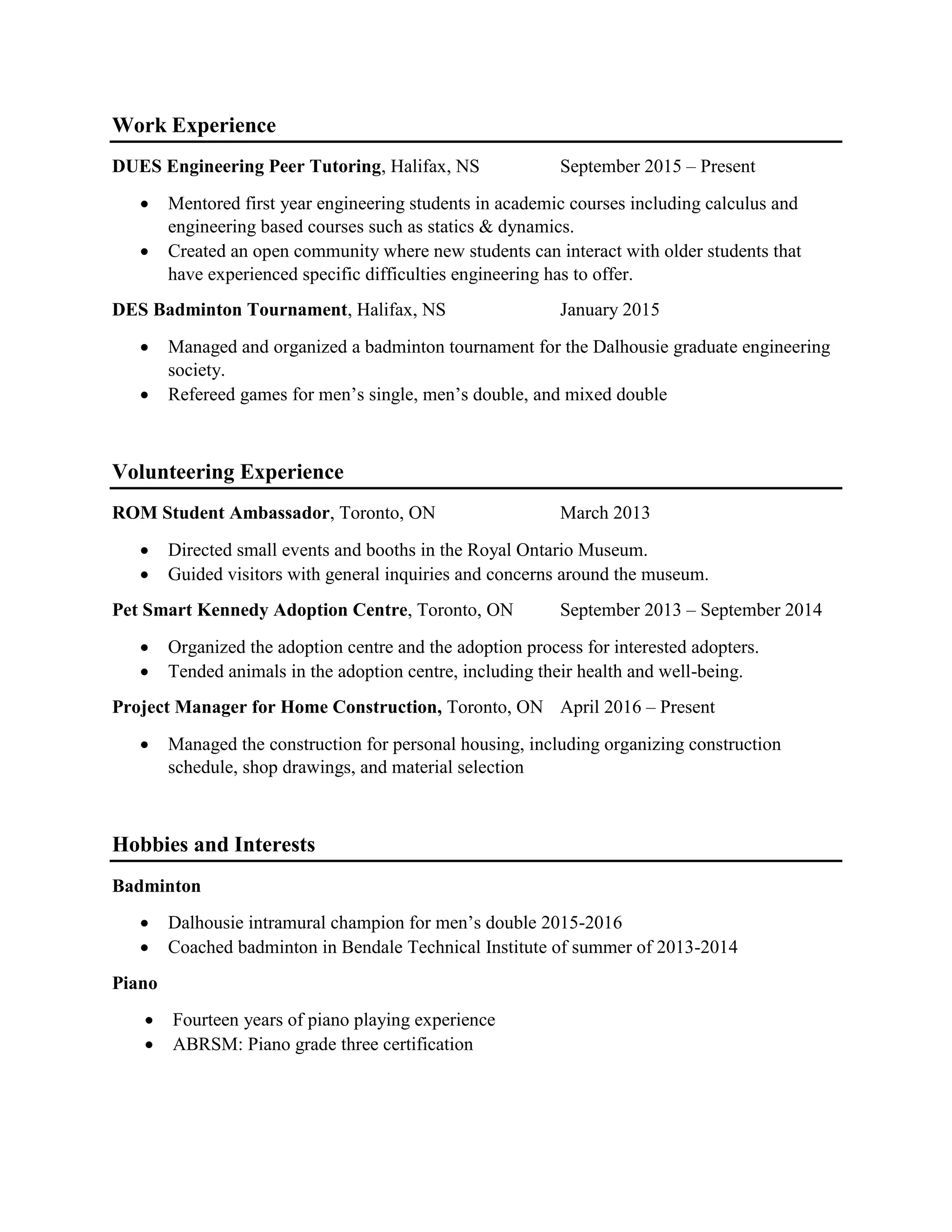 Hua's Resume (Mechanical Engineering Dalhousie) | PDF