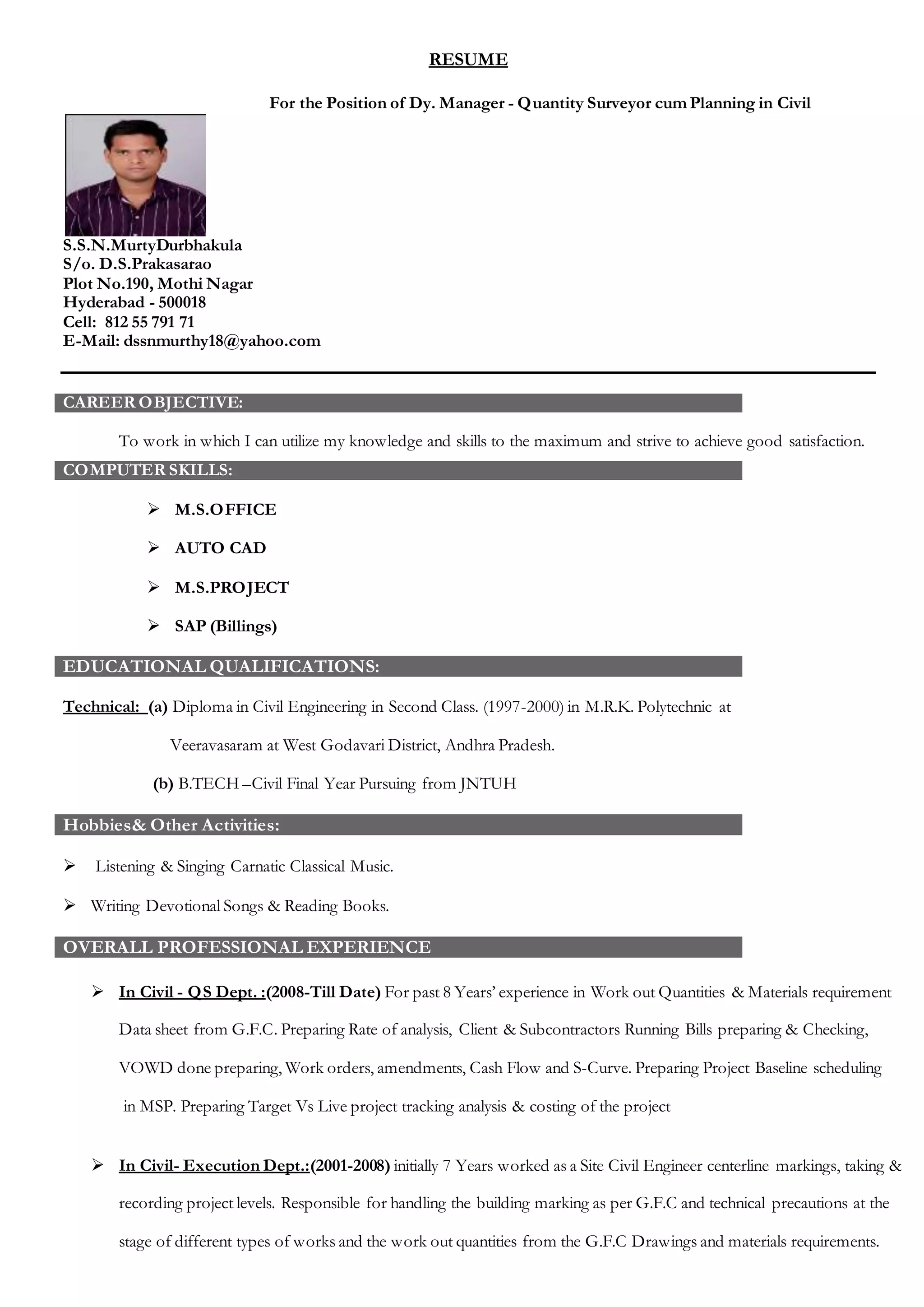 Resume for the Position of Dy. Manager- QS Cum Planning Engineer | DOCX