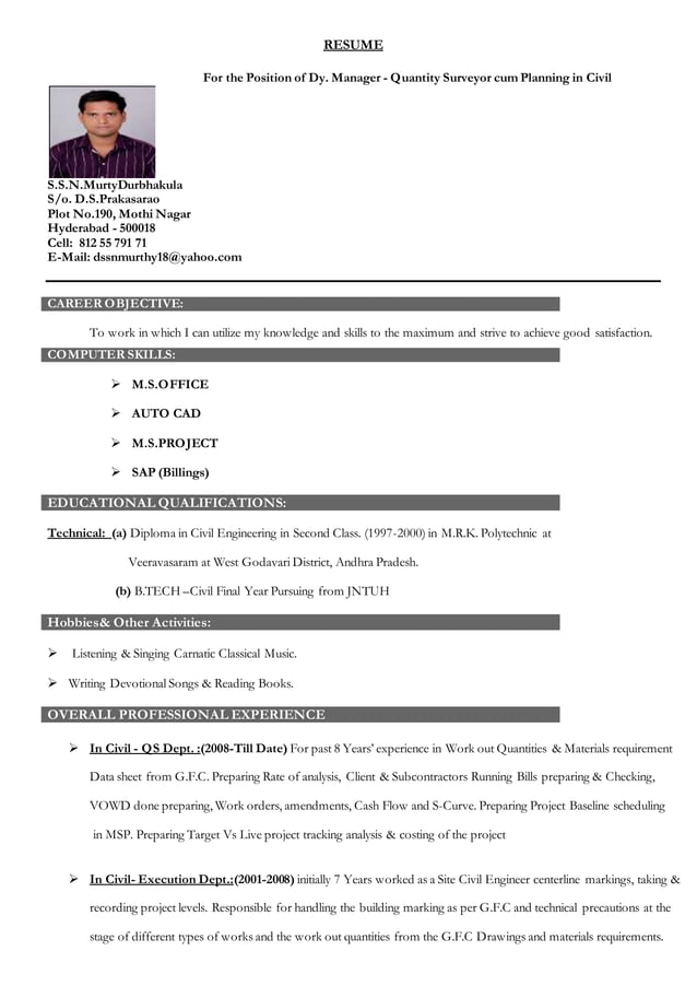 Resume for the Position of Dy. Manager- QS Cum Planning Engineer | PDF