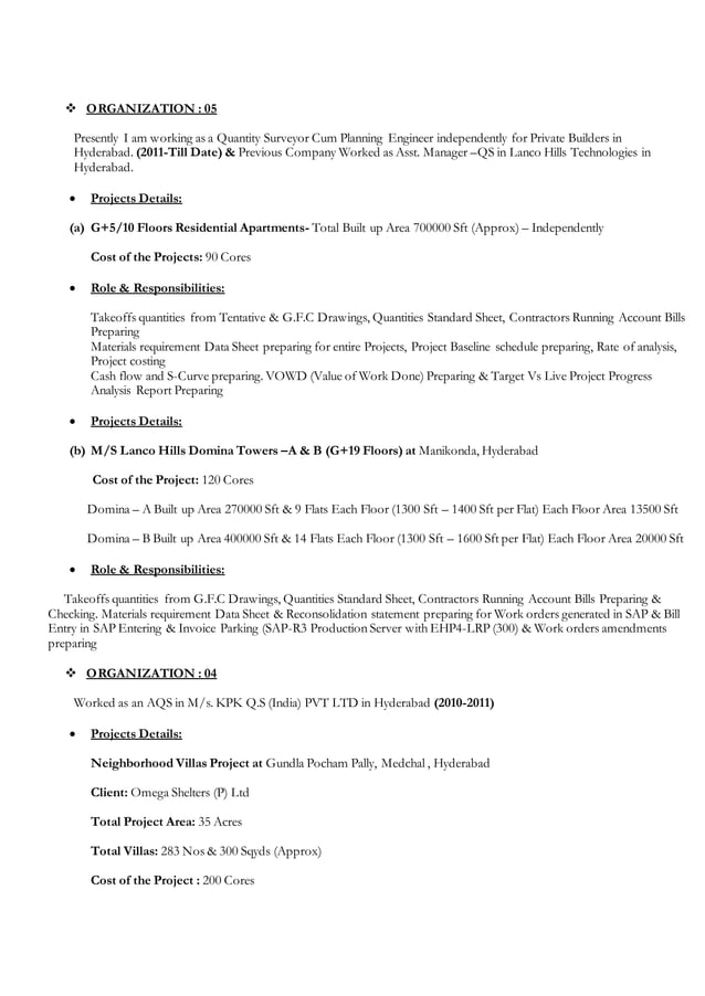 Resume for the Position of Dy. Manager- QS Cum Planning Engineer | PDF