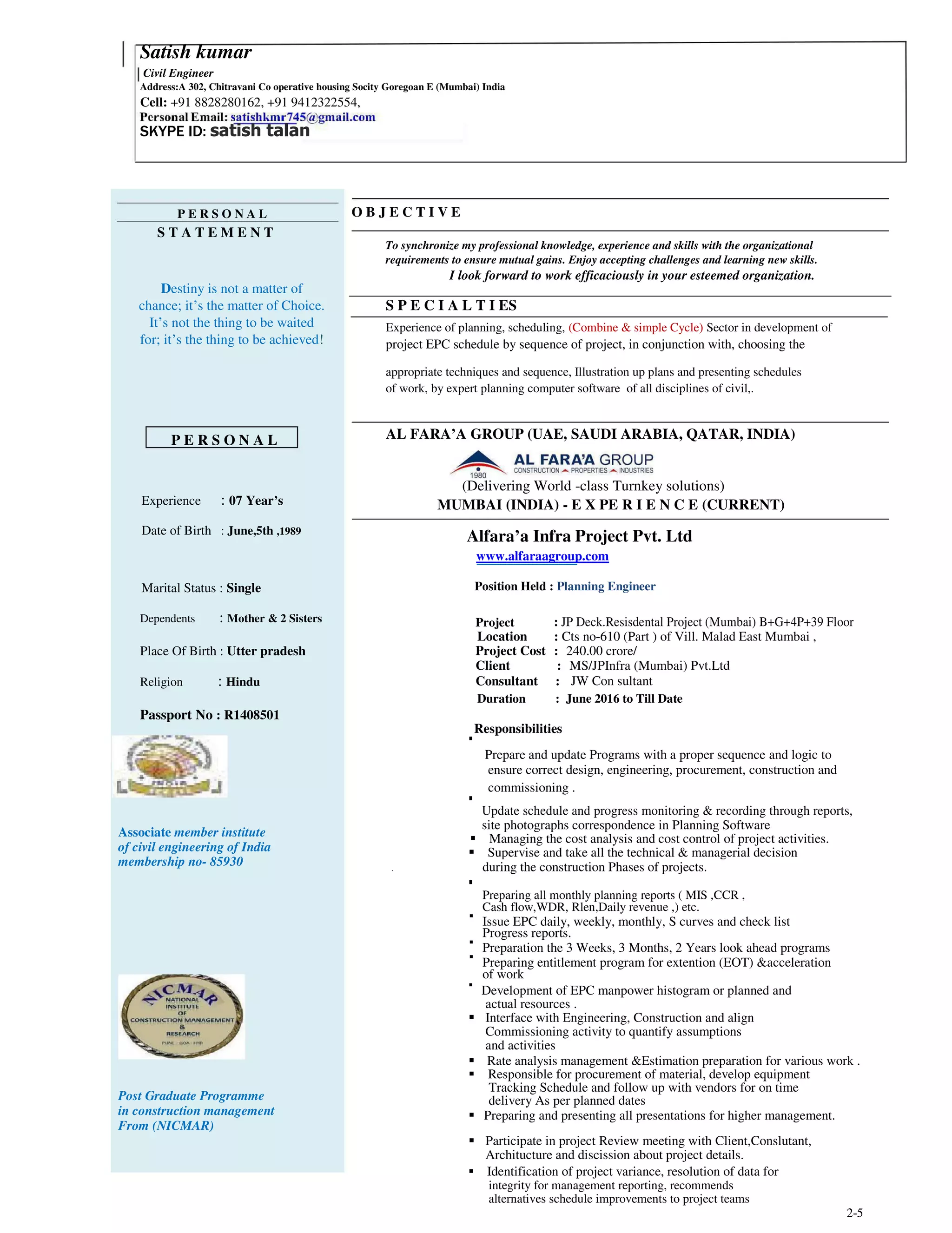 Satish Kumar CV- AL FARA'A Group(UAE, SAUDI ARABIA, QATAR, INDIA) (CIVIL Engineering) PLANNING ...