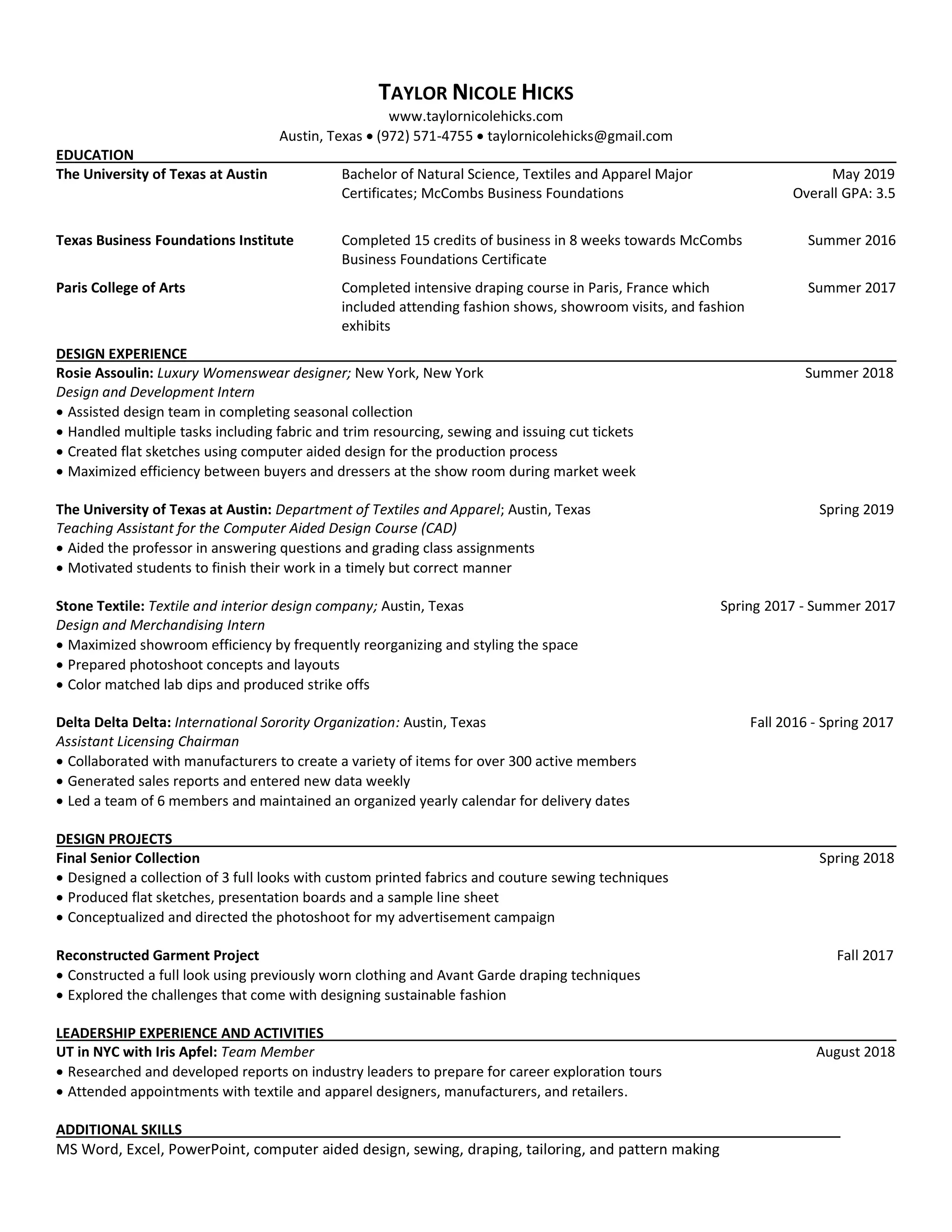 Resume. Taylor Hicks | PDF | Style & Fashion