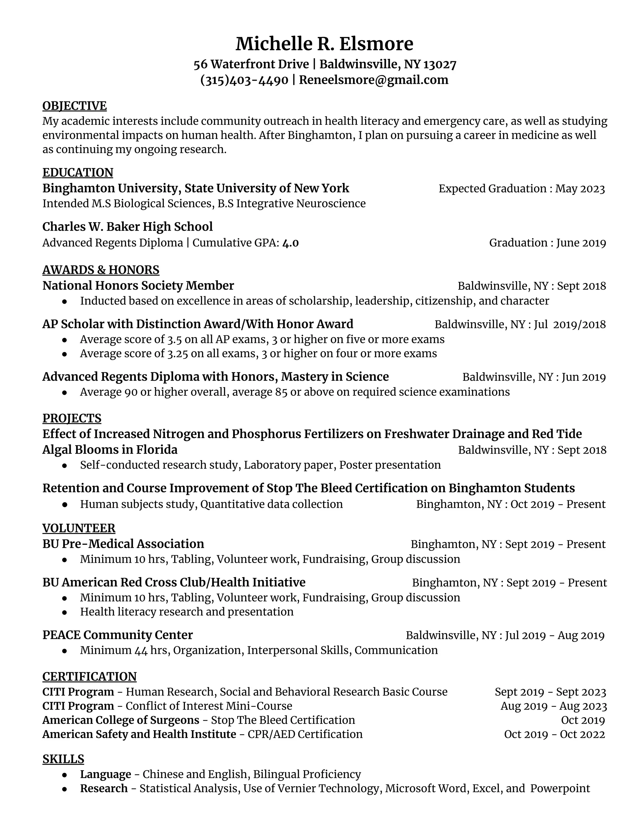 Michelle Elsmore - Resume | PDF | Science