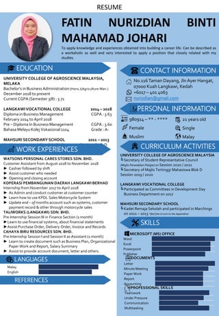 Resume (Fatin Nurizdian binti Mahamad Johari) | PPTX | Resume Writing and Advice | Job Search