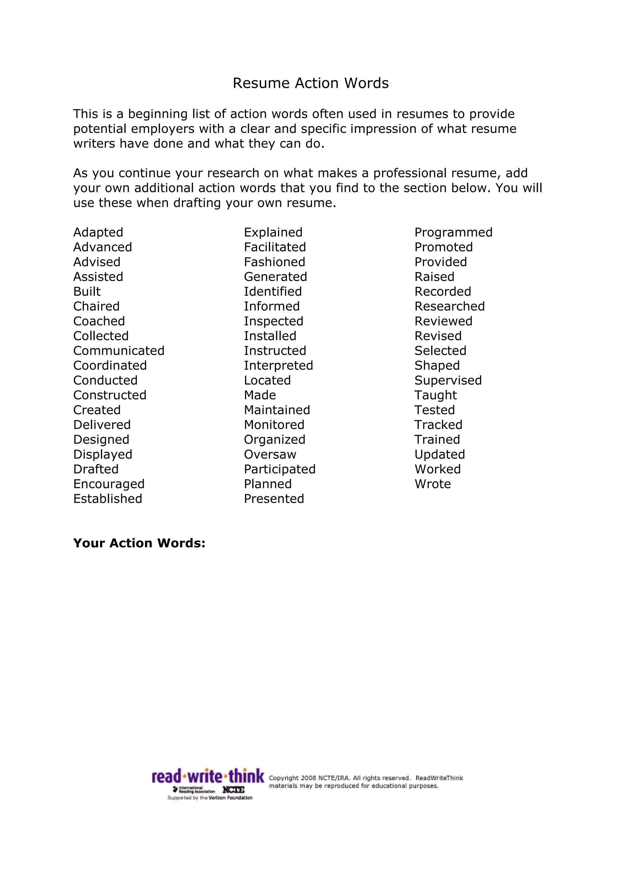 Resume action words worksheet | PDF