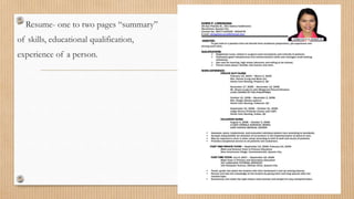 Resume Lesson on reading and writing for grade 11 | PPTX