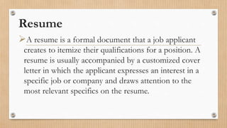 Resume Lesson on reading and writing for grade 11 | PPTX