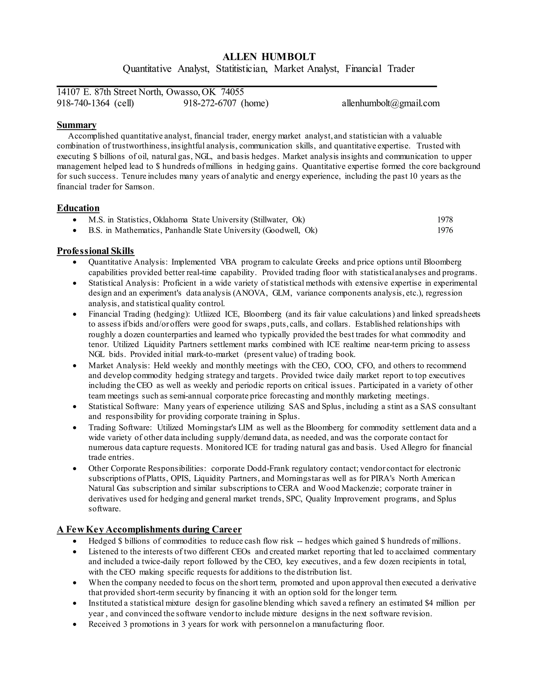 Resume allen humbolt | DOCX | Business Accounting & Finance | Business