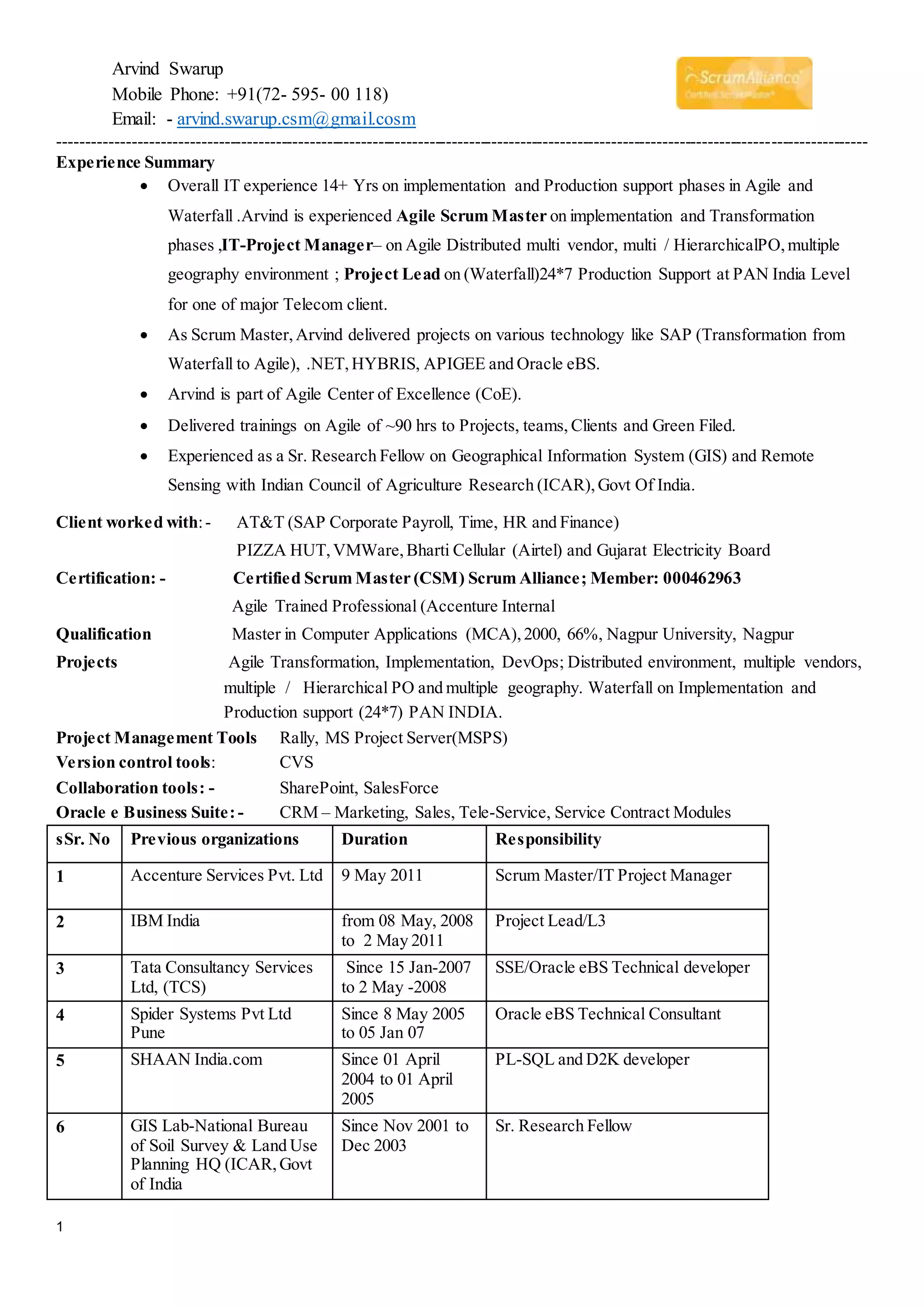 Resume arvind -csm | DOCX