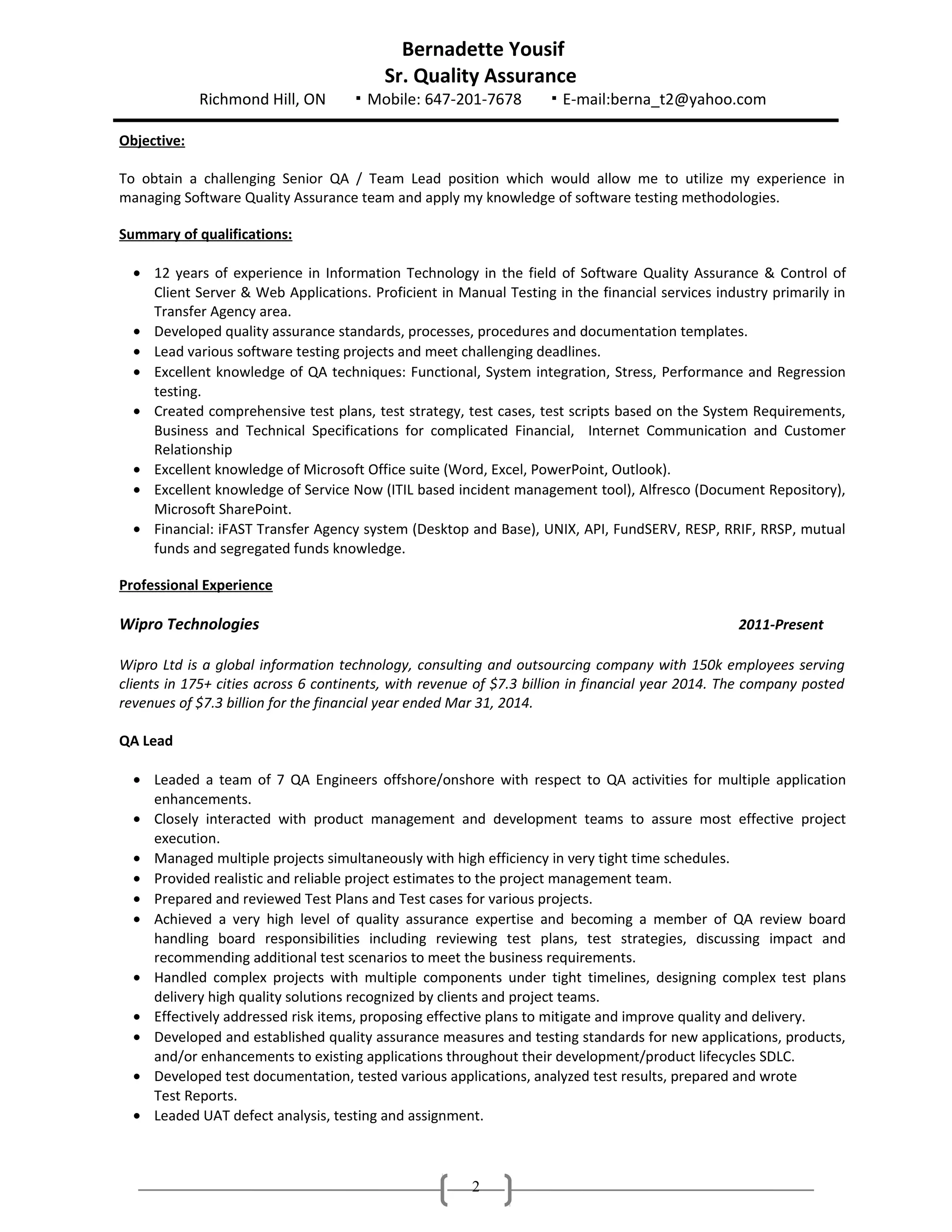 Resume bernadette yousif-sr. qa | PDF
