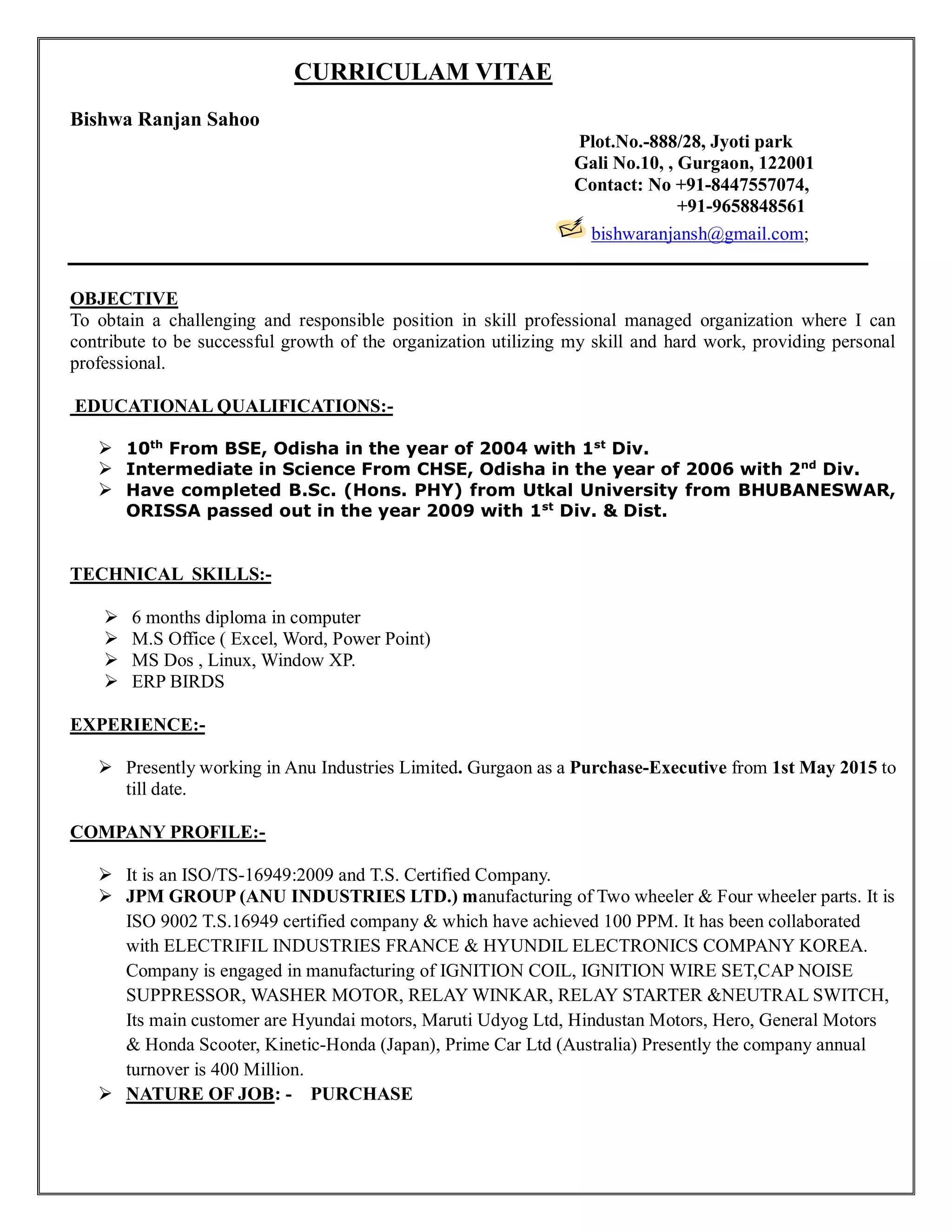 Resume bishwa ranjan sahoo 1 | PDF Resume bishwa ranjan sahoo 1 | PDF