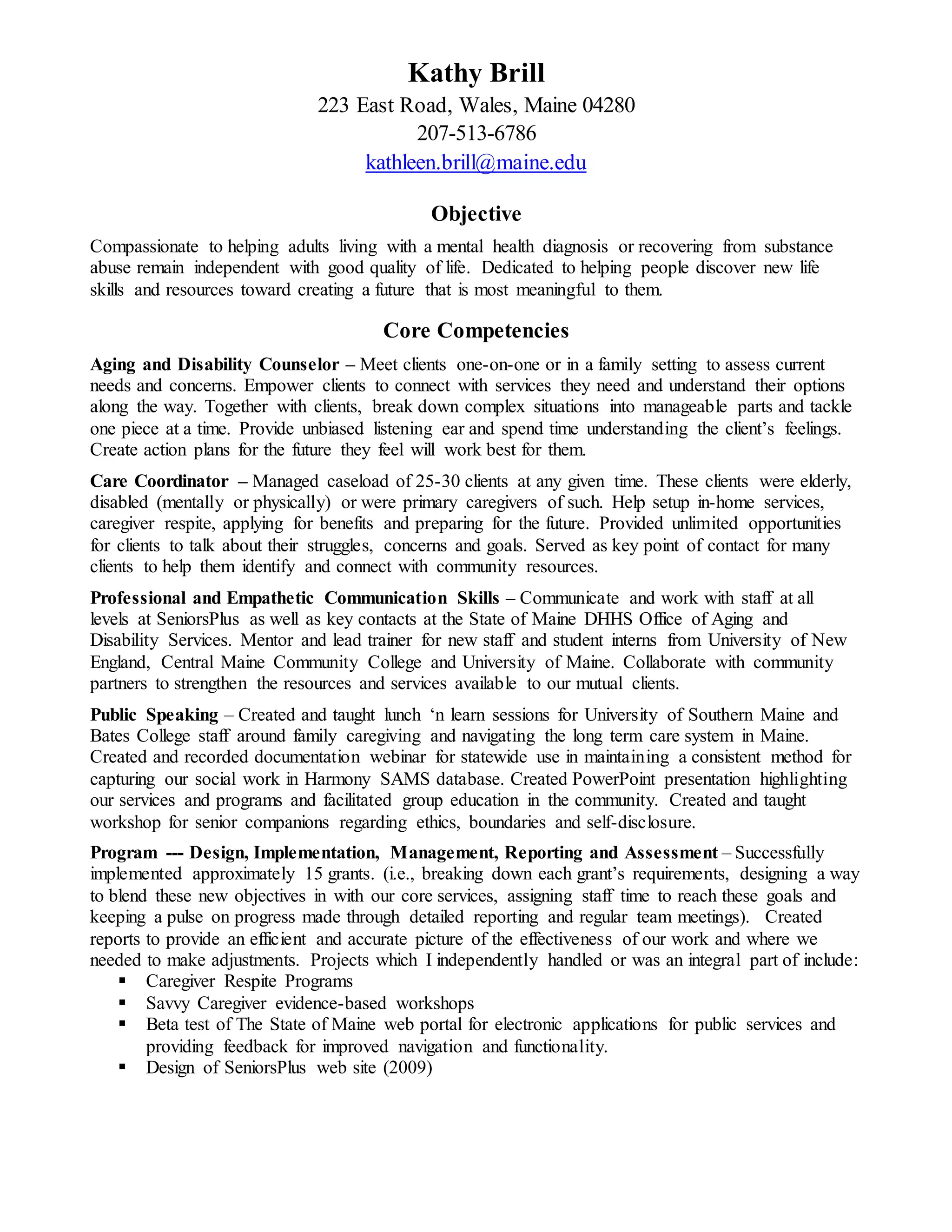 Resume brill 2-2017 | DOCX | Eldercare | Family and Relationships