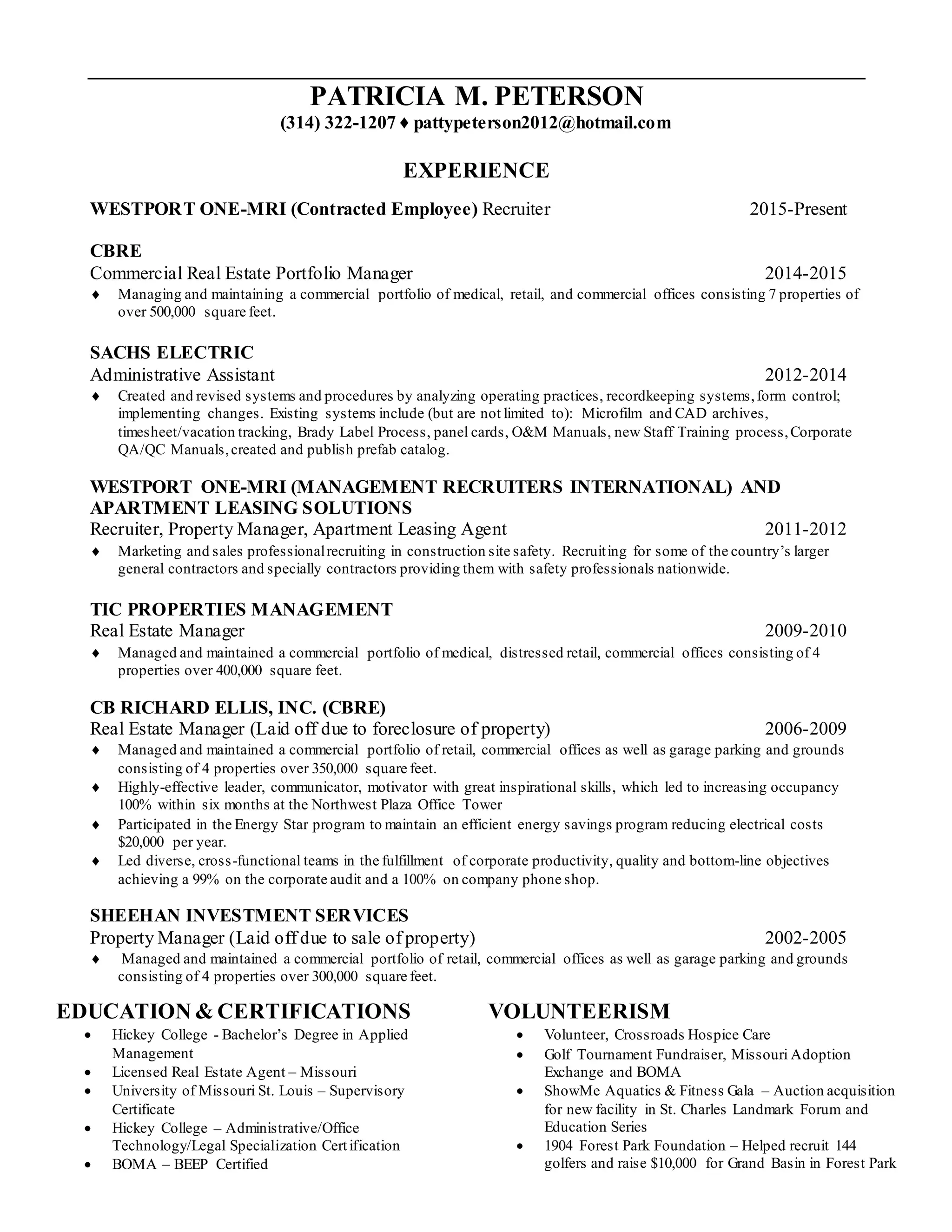 Patricia Peterson | DOCX | Real Estate Industry | Industries