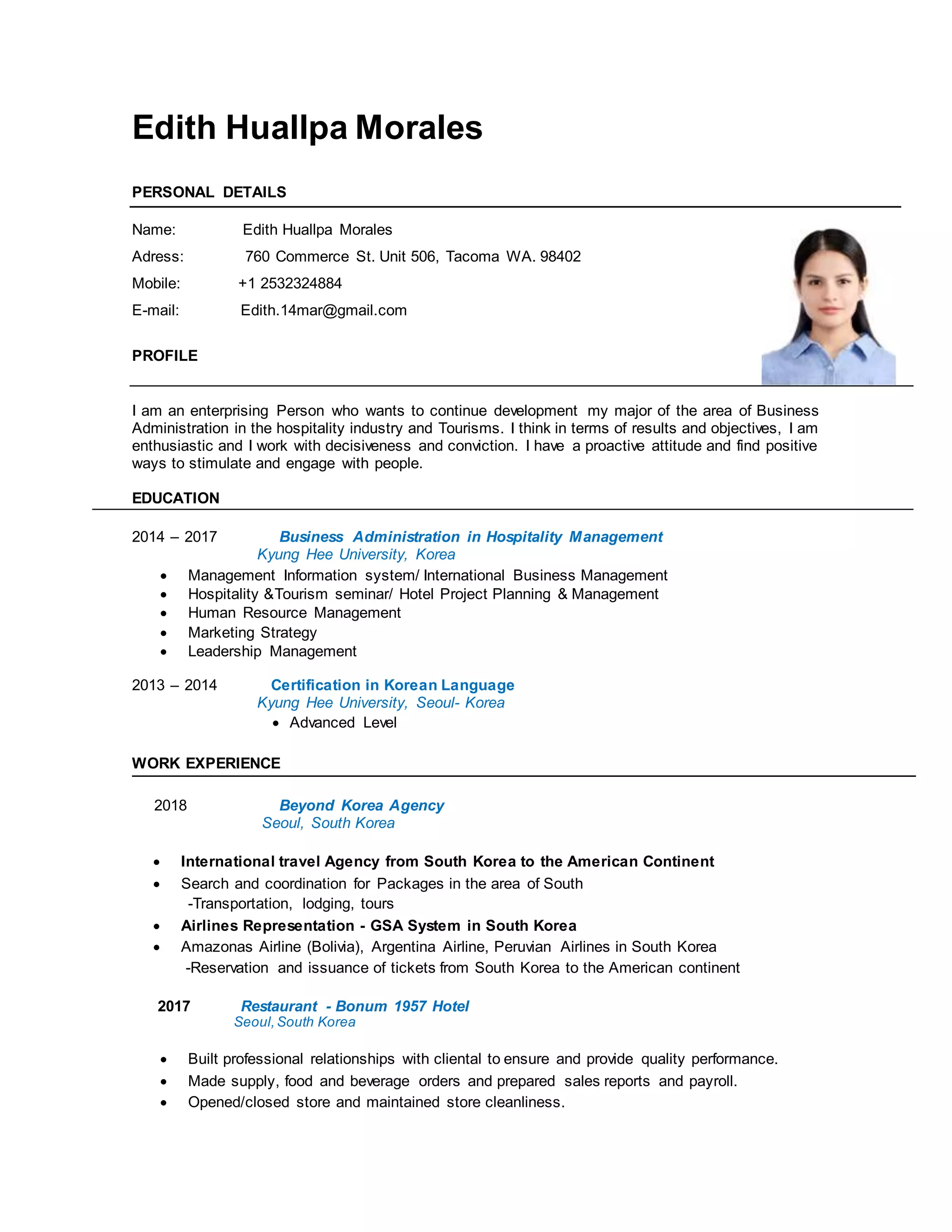 Resume edith huallpa morales | DOCX | South America Travel | Travel Locations