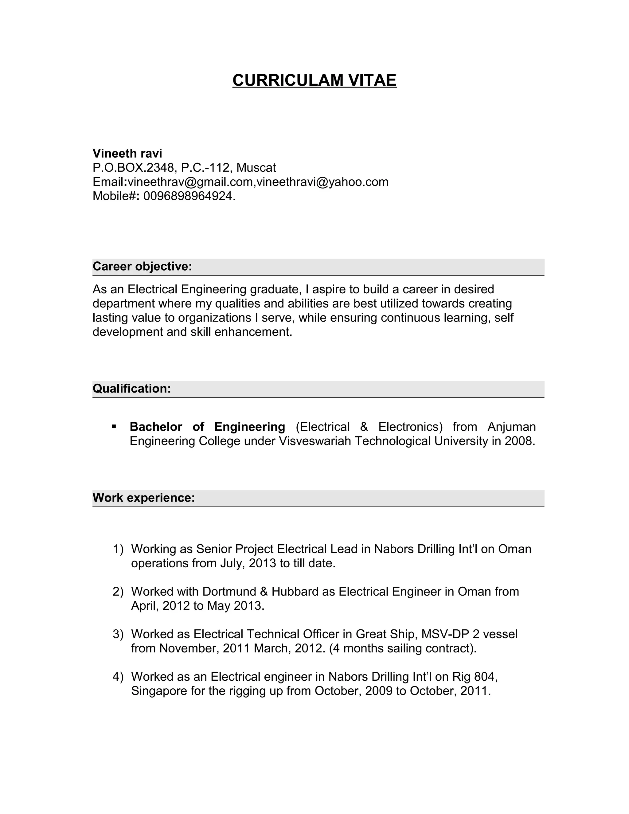 Resume electrical engineer- for oil & gas | DOC