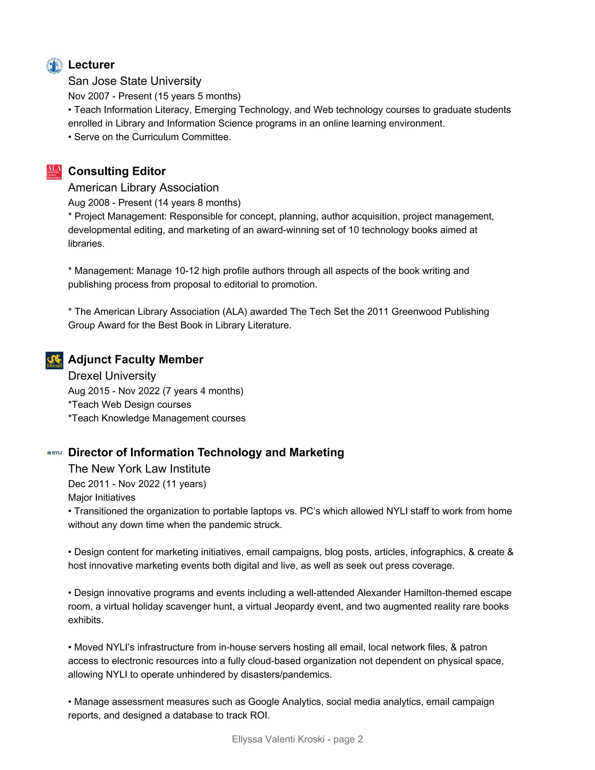 Resume Ellyssa Valenti Kroski 2024 | PDF