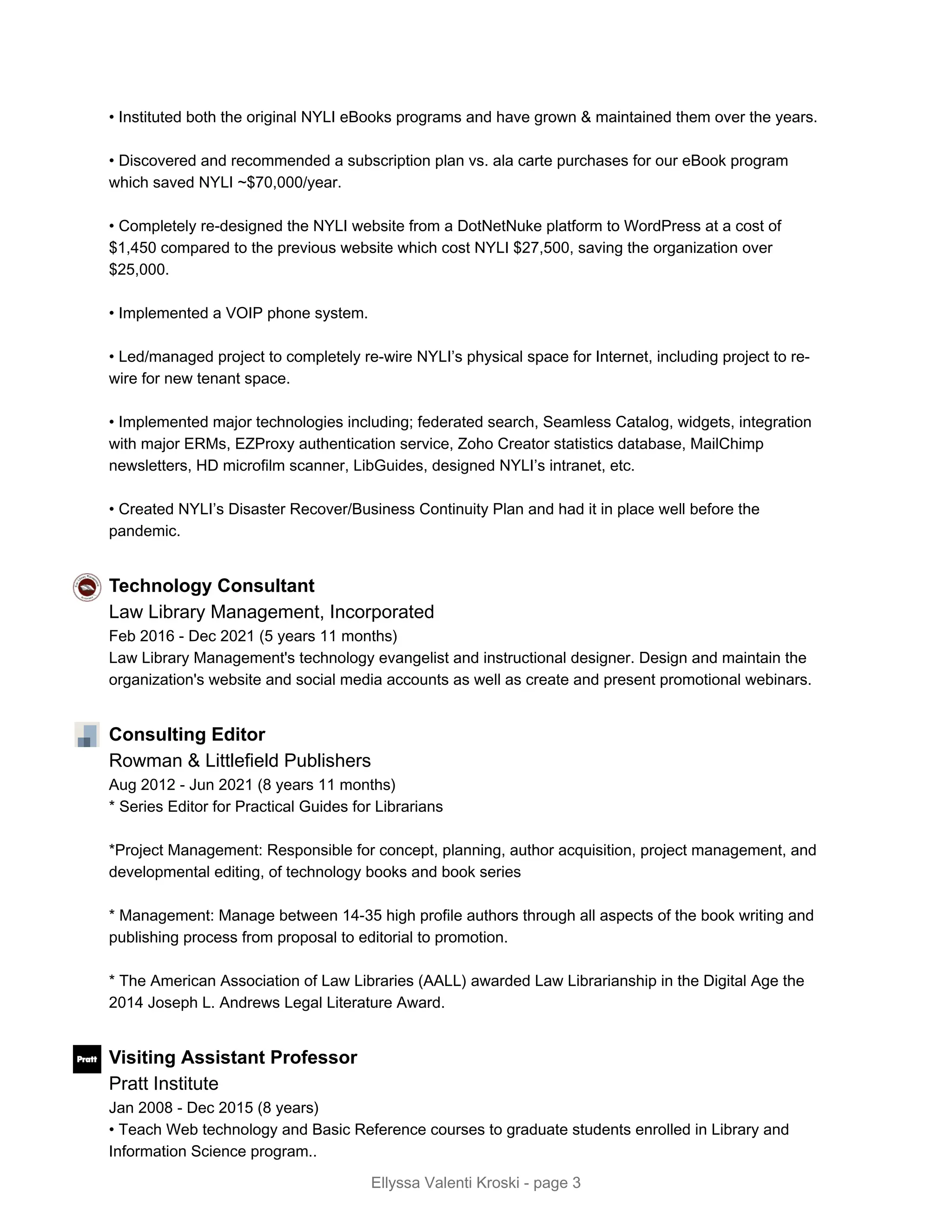 Resume Ellyssa Valenti Kroski 2024 | PDF