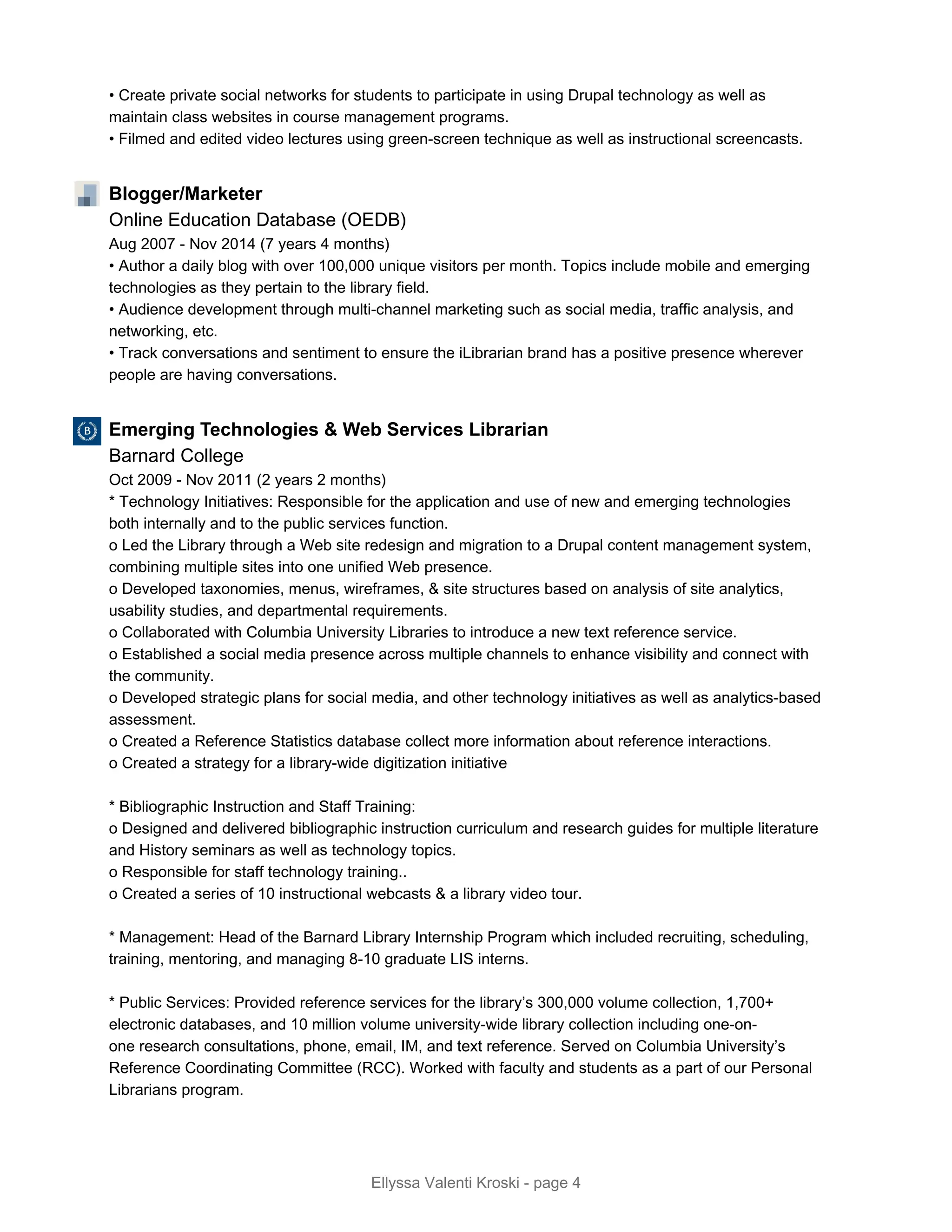 Resume Ellyssa Valenti Kroski 2024 | PDF