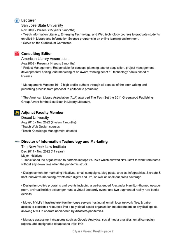Resume Ellyssa Valenti Kroski 2024 | PDF