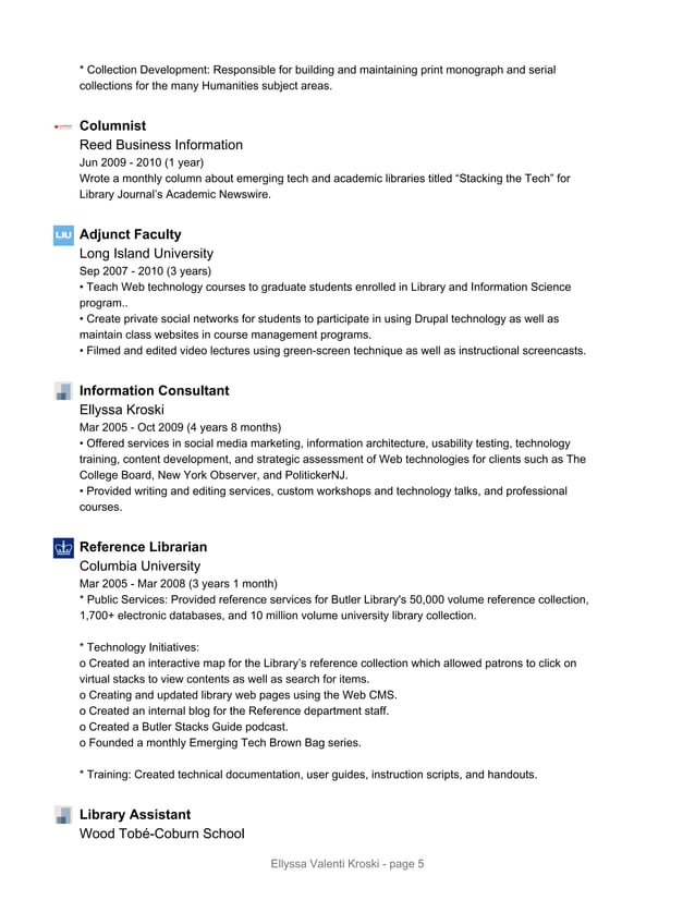 Resume Ellyssa Valenti Kroski 2024 | PDF