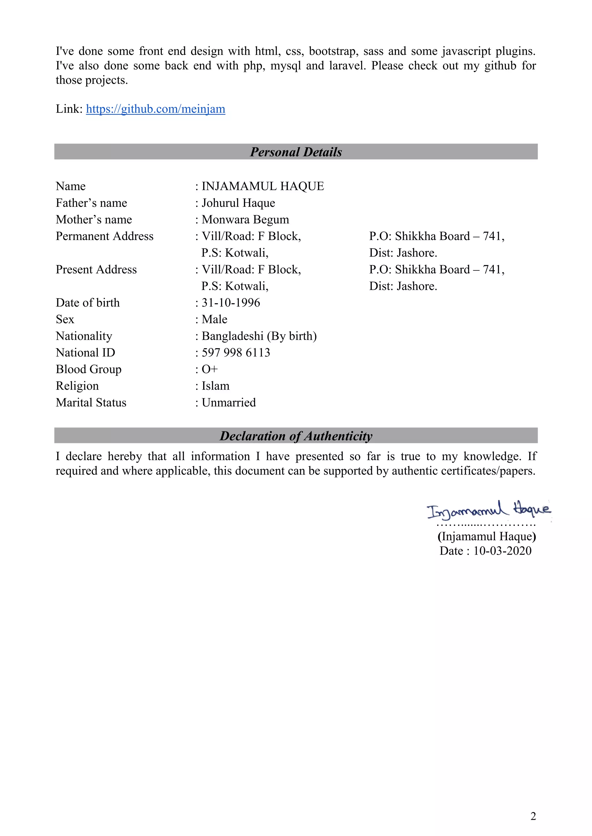 Resume injamamul haque | PDF