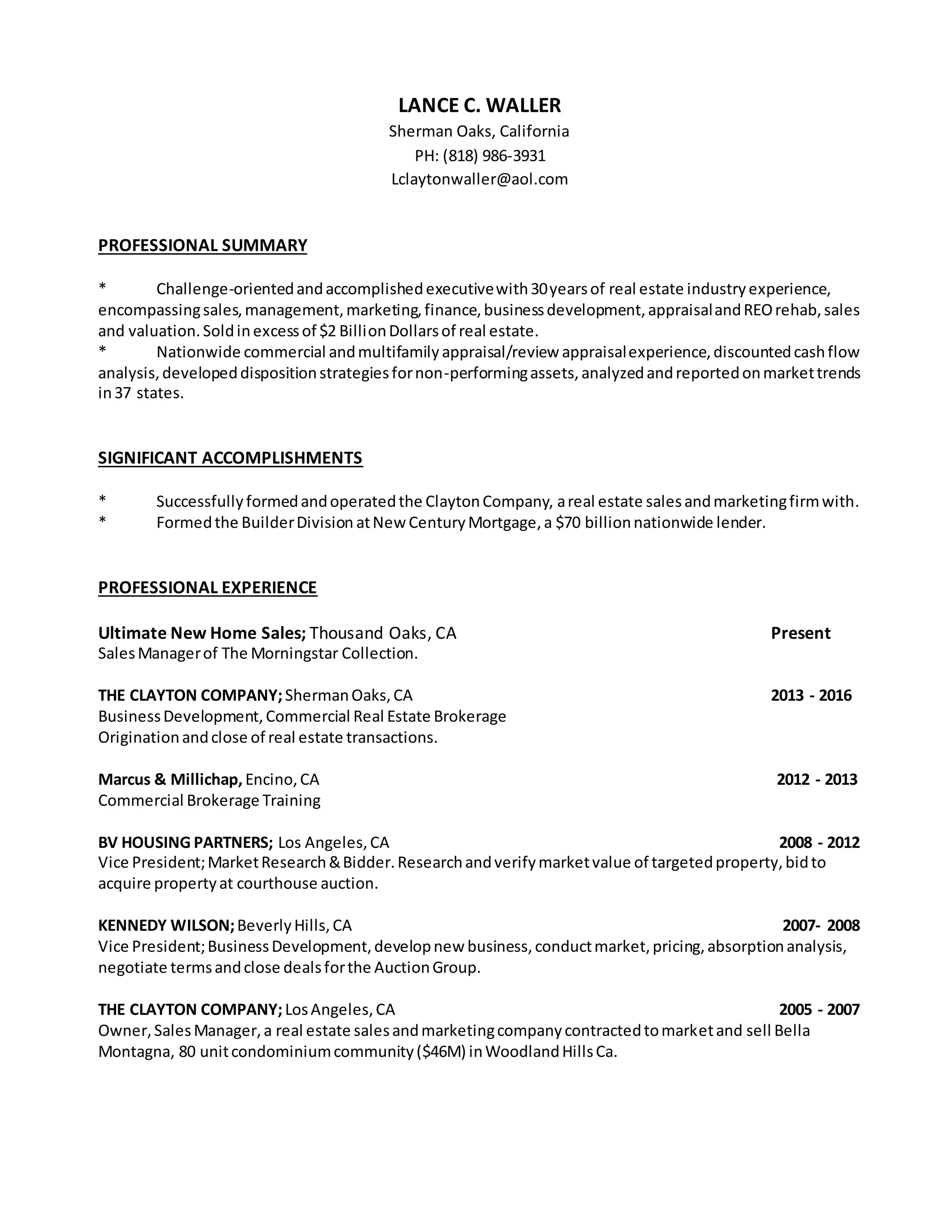 Resume lance waller revised-7-13 | DOCX | Real Estate Industry | Industries