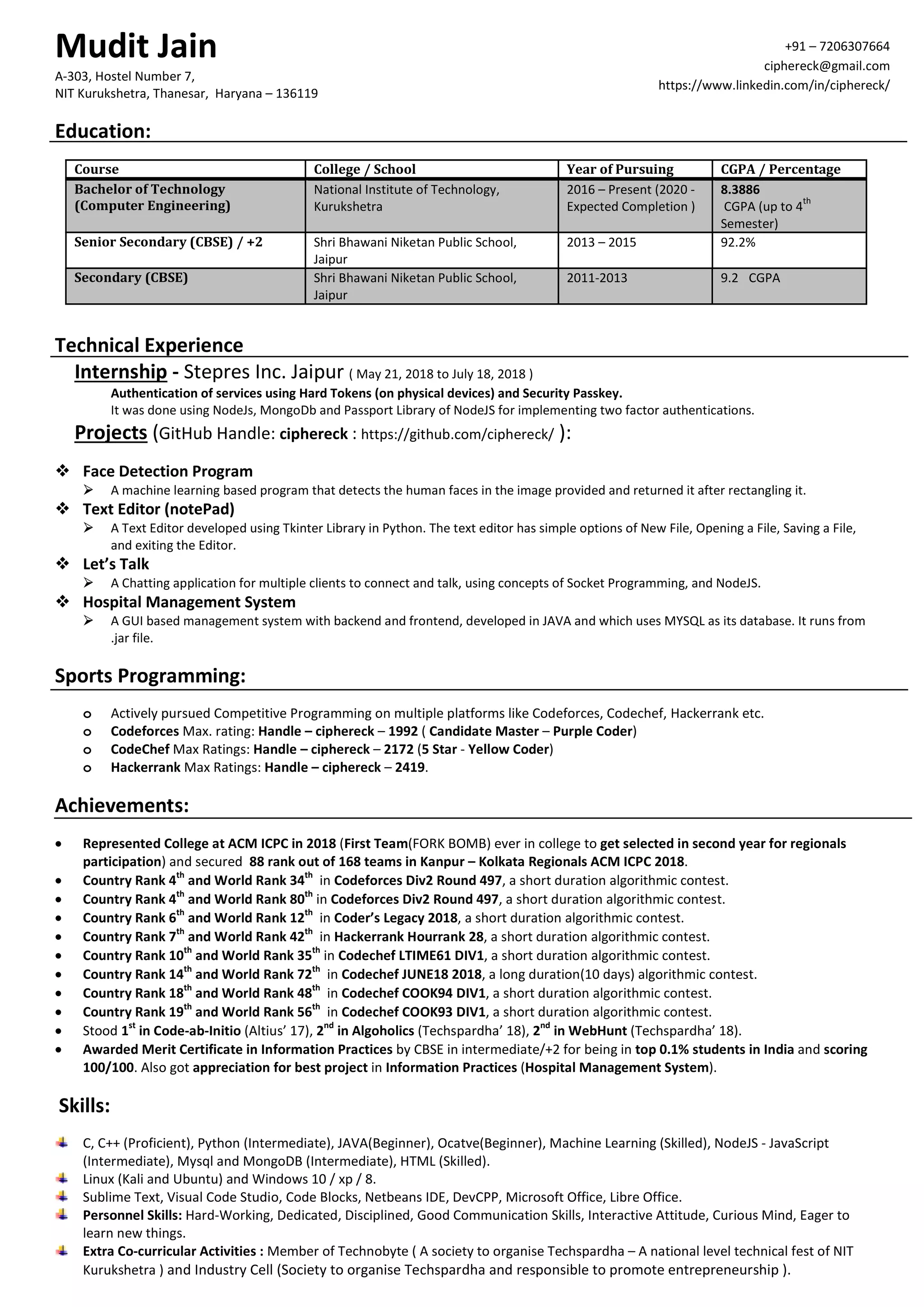 Resume mudit jain | PDF | Computer Software and Applications | Computing