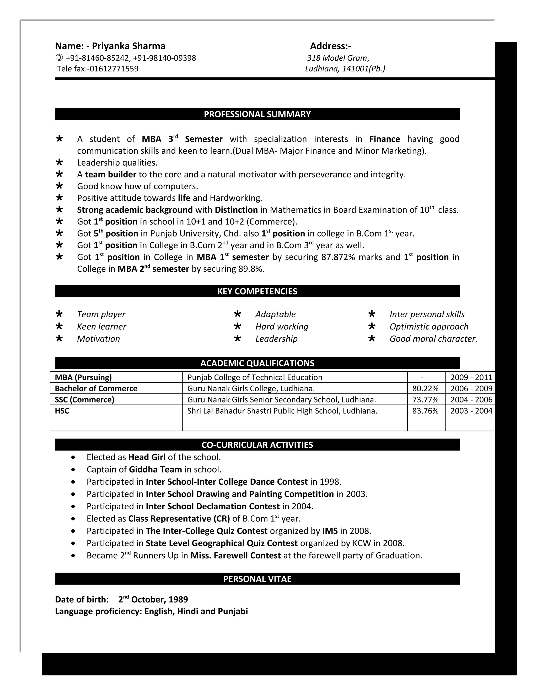 Resume of Priyanka Sharma | DOC