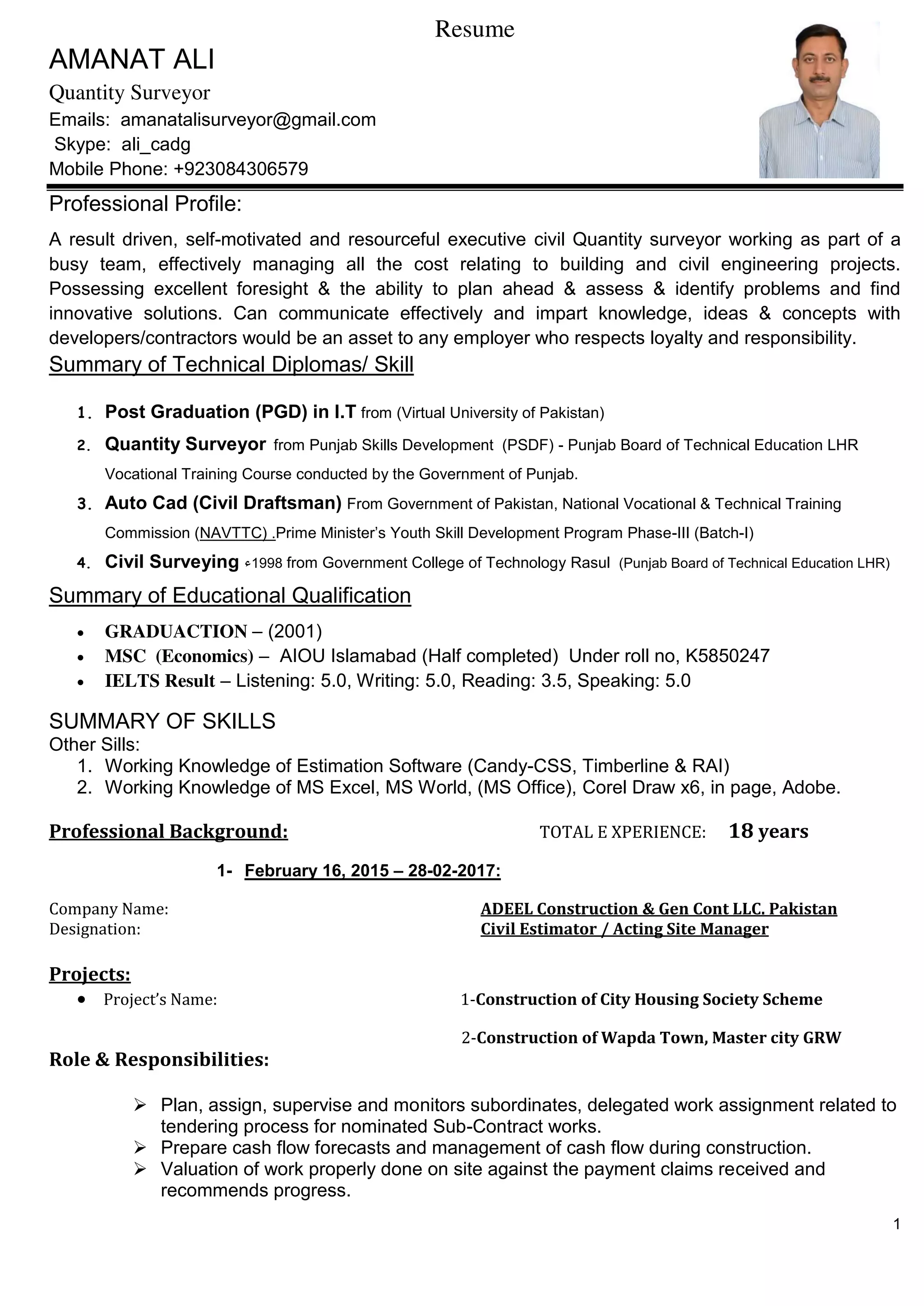 Resume q.surveyor - amanat ali (updated) | PDF