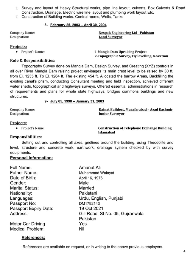 Resume q.surveyor - amanat ali (updated) | PDF