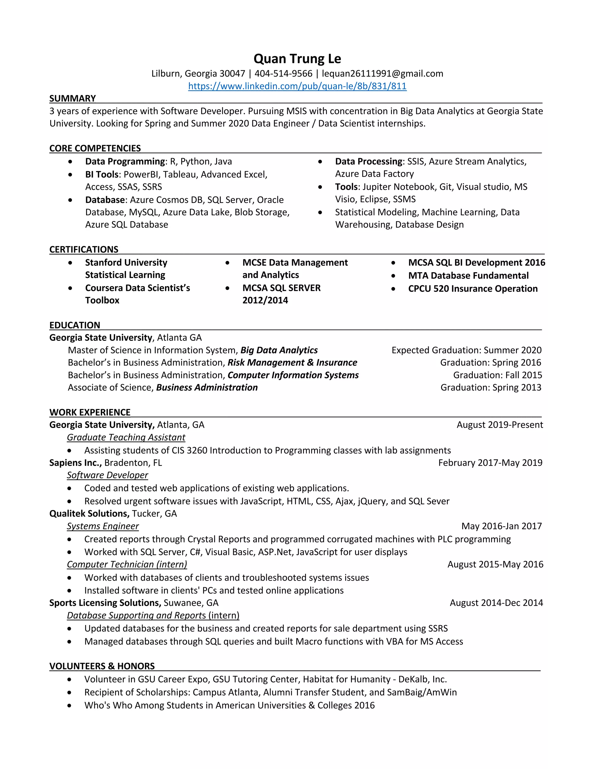 Resume Quan Le | PDF