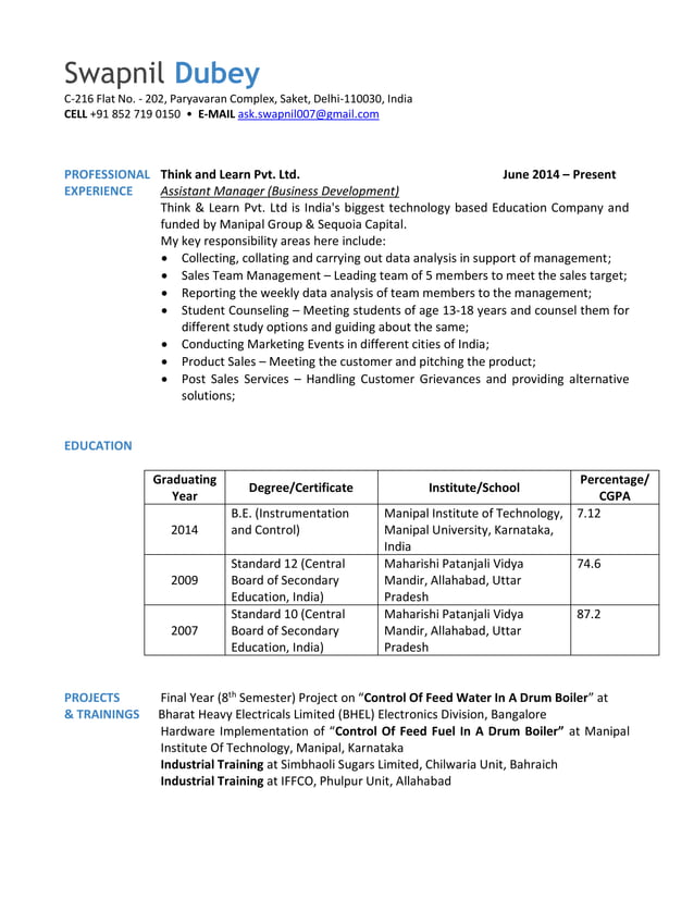 Resume Swapnil Dubey | PDF | Business | Business and Finance