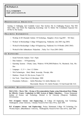 Dr. Parkavi.A , Resume working-2020-v4 | DOC | Programming Languages | Computing