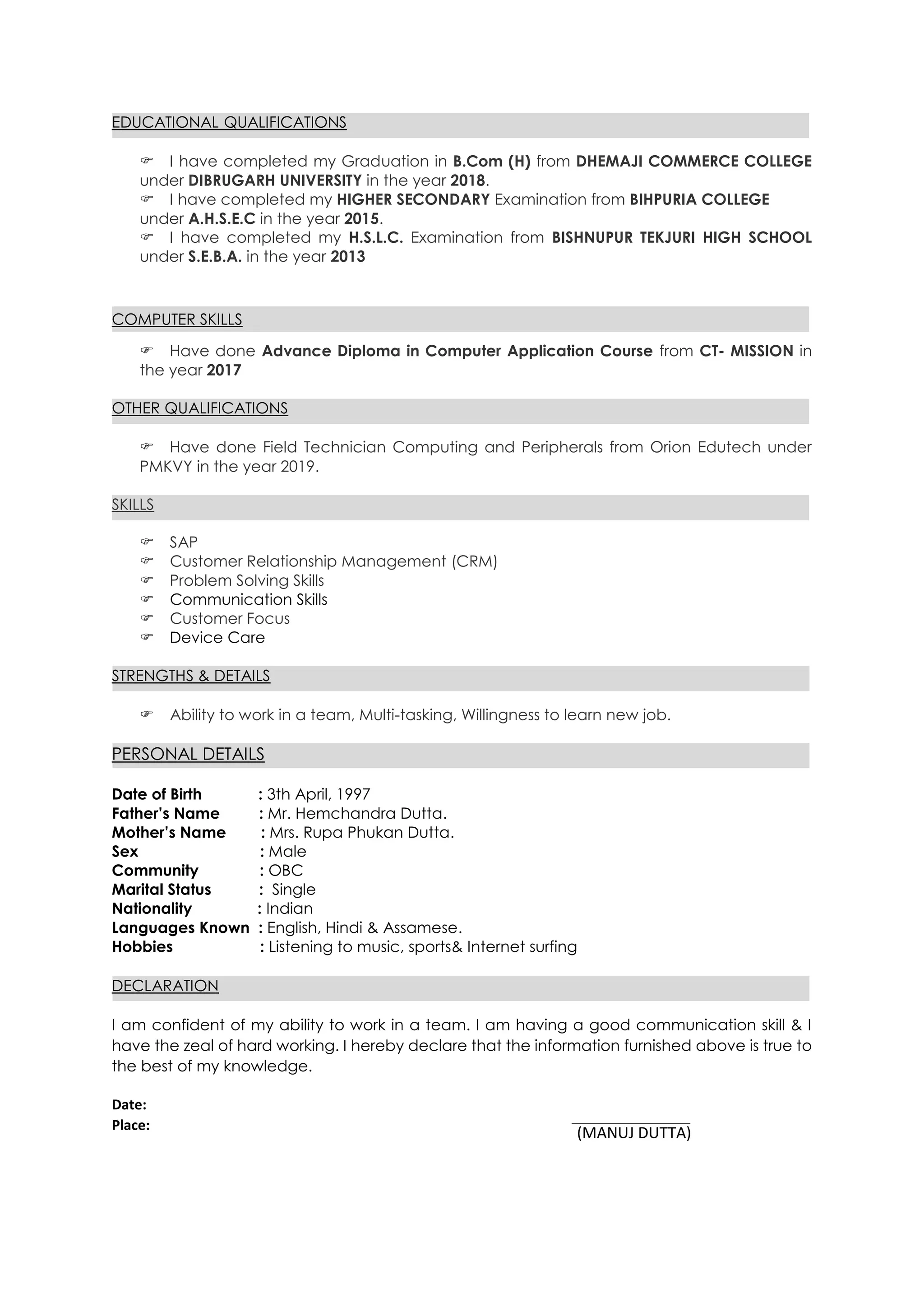 Resume of Manuj Dutta | PDF