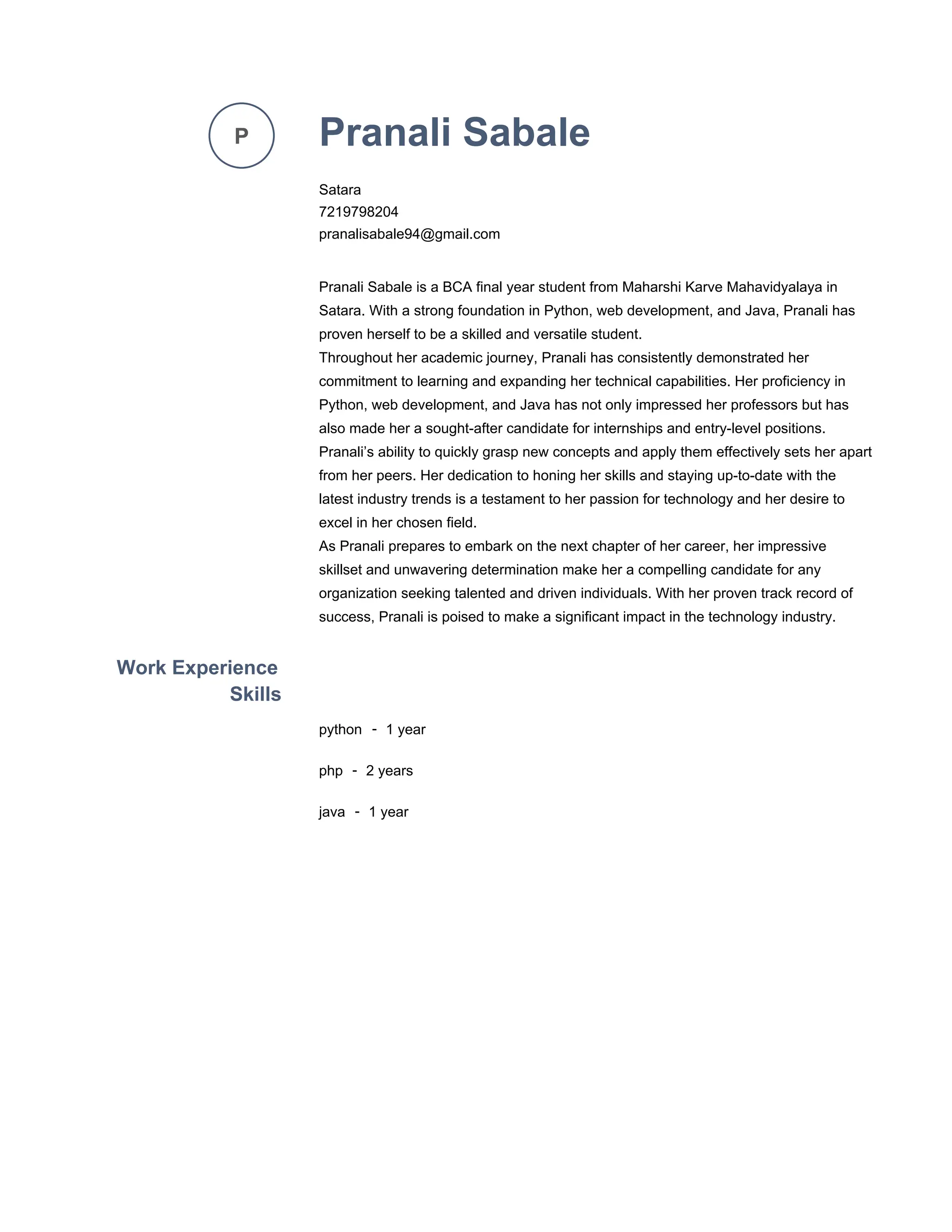 Pranali Pradip Sabale BCA student resume | PDF