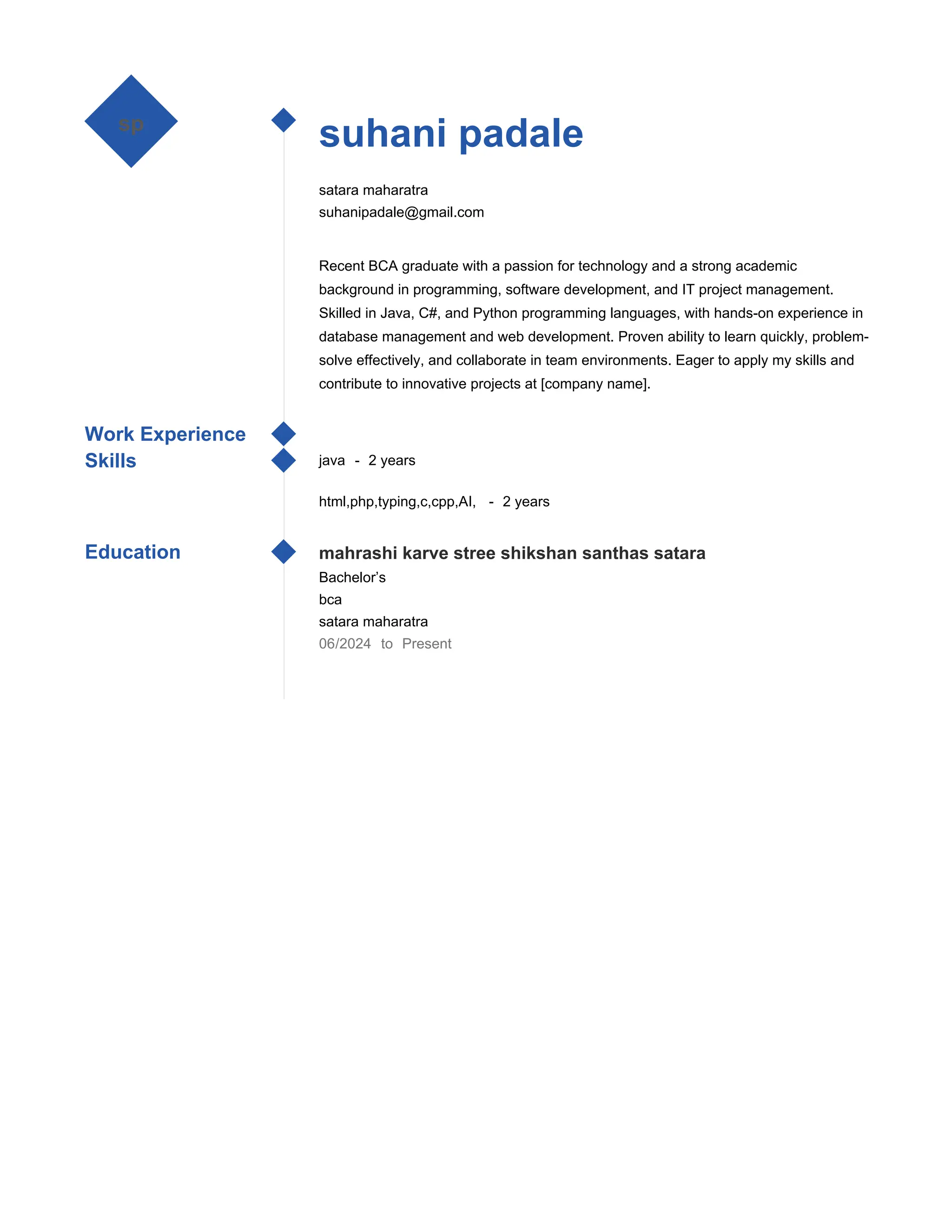 resume of suhani padale student of bca satara | PDF